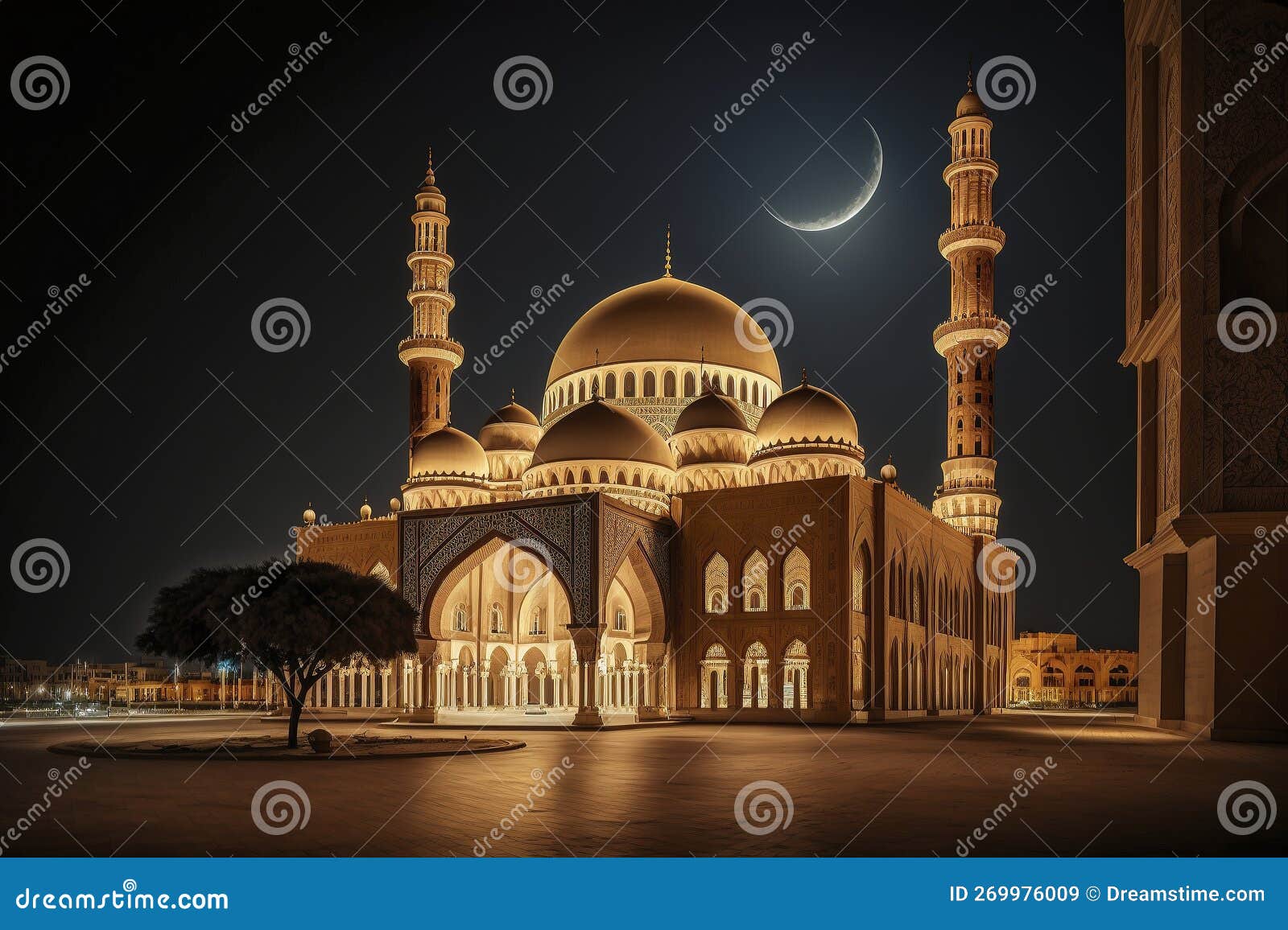 Beautiful View of the Mosque at Night with the Crescent Moon in the ...