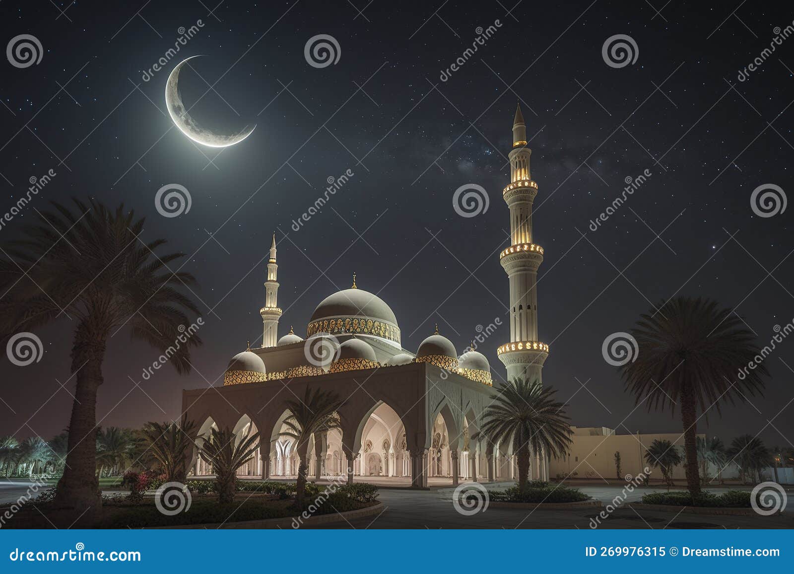Beautiful View of the Mosque at Night with the Crescent Moon in the ...