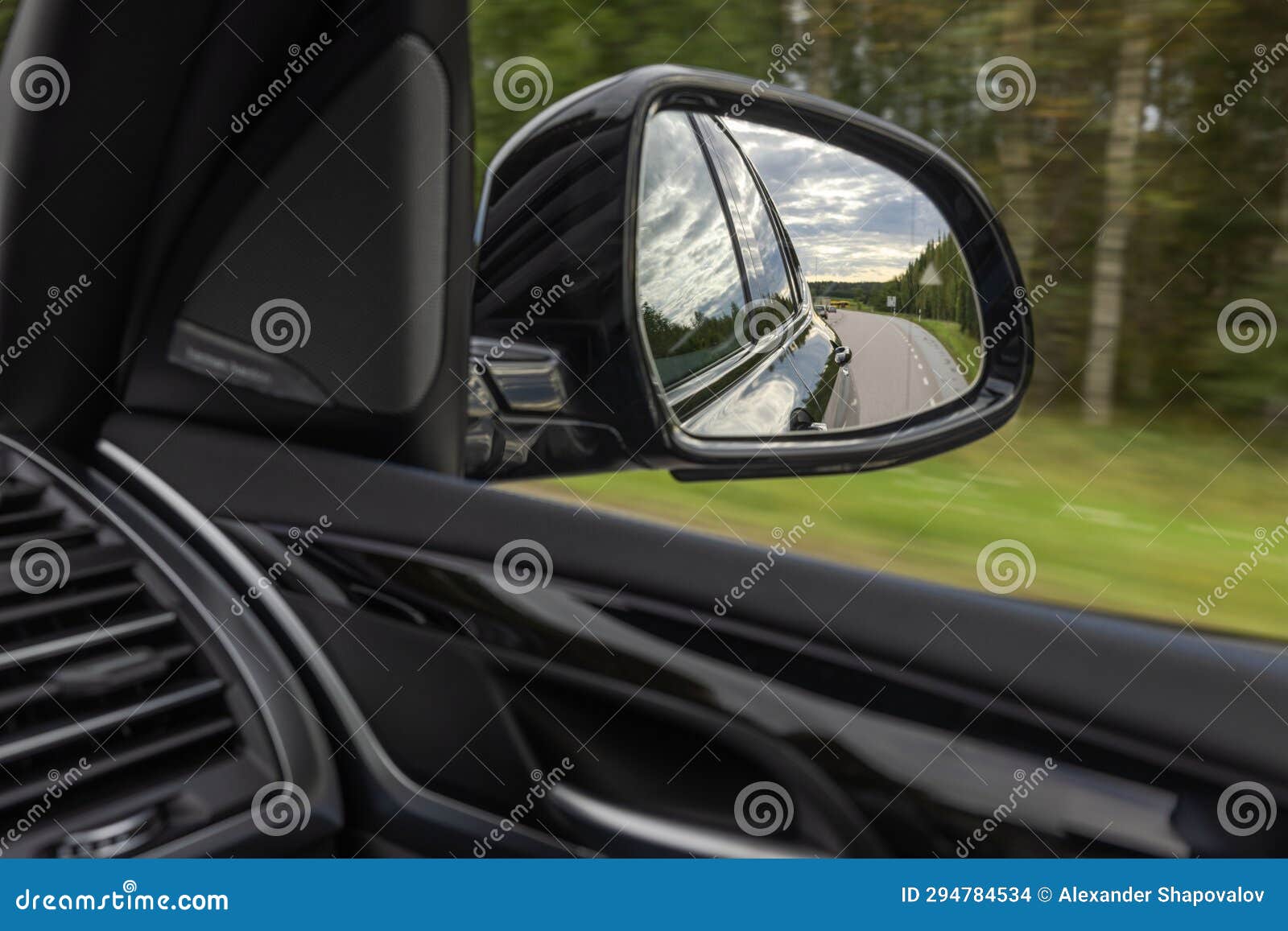 Beautiful View in Passenger Side Mirror of Highway Running Alongside ...