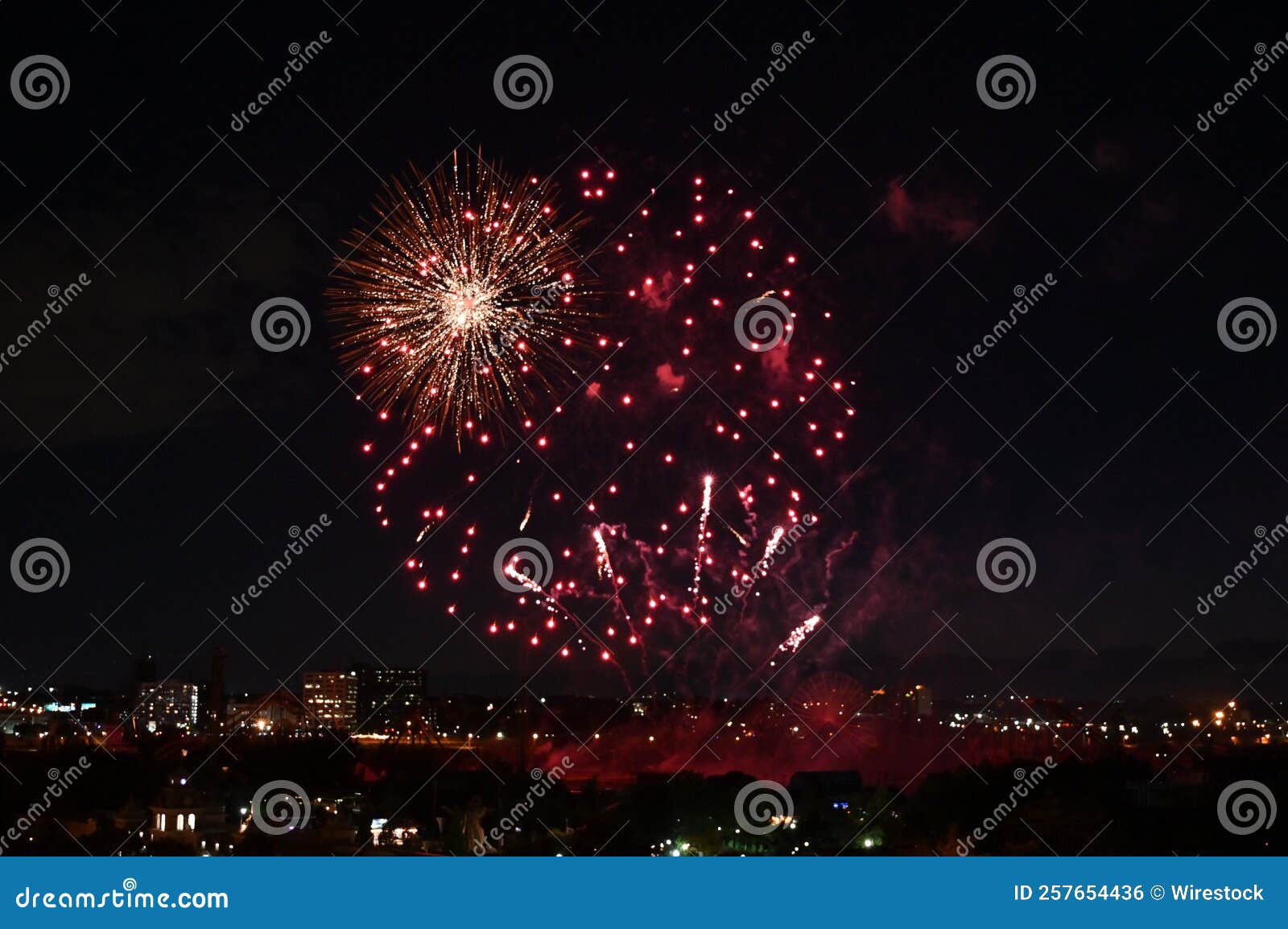 Beautiful View of Red Fireworks in the Night Sky Stock Photo - Image of ...