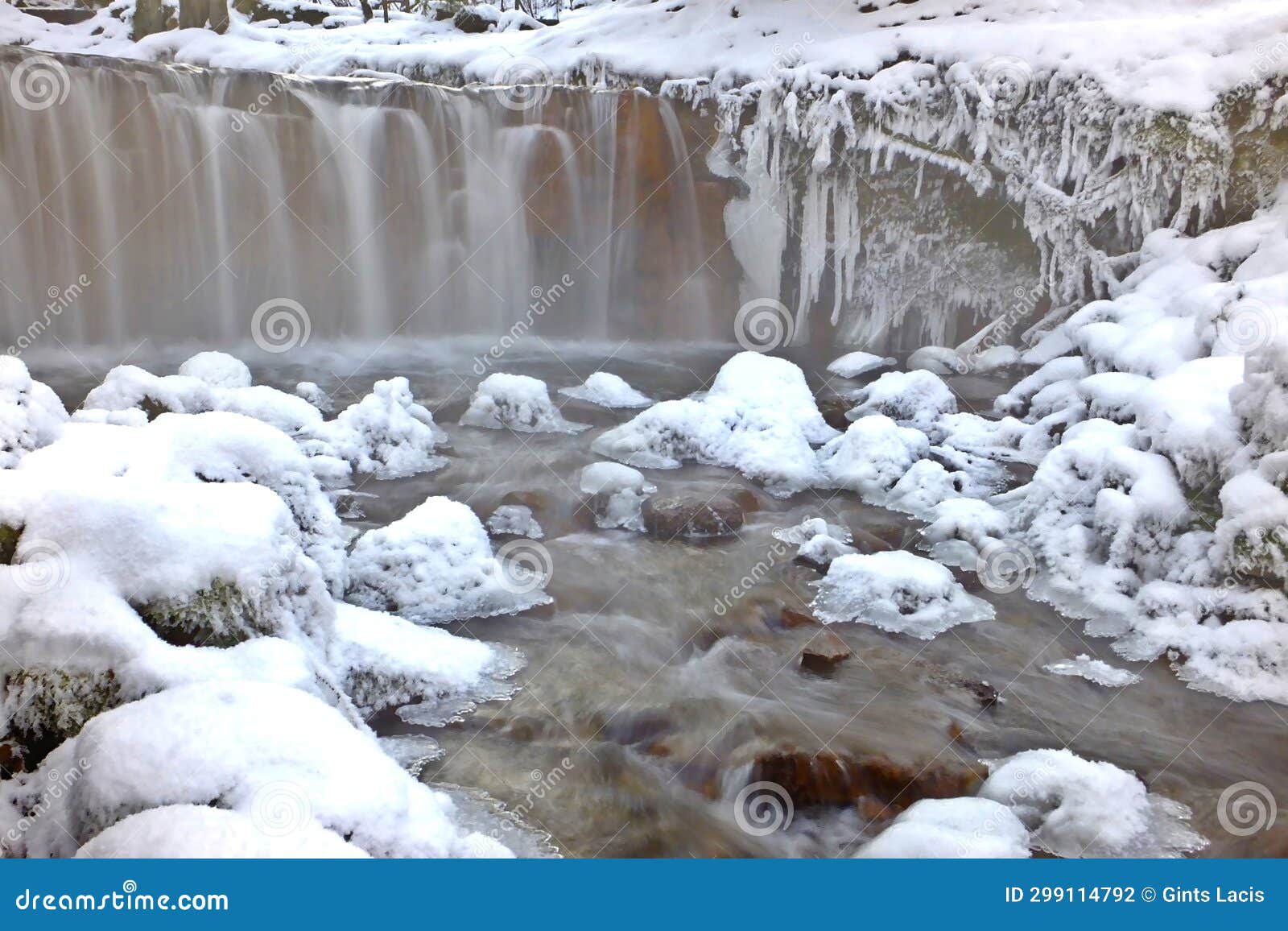 Beautiful View with River Waterfall in Cold Winter. Icy Rocks and a ...