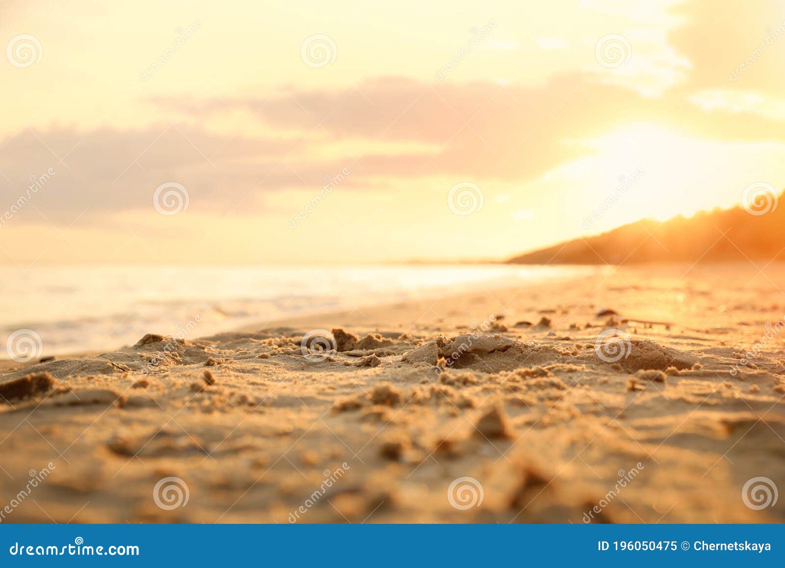 Beautiful View of Sandy Beach at Sunset, Closeup Stock Image - Image of ...