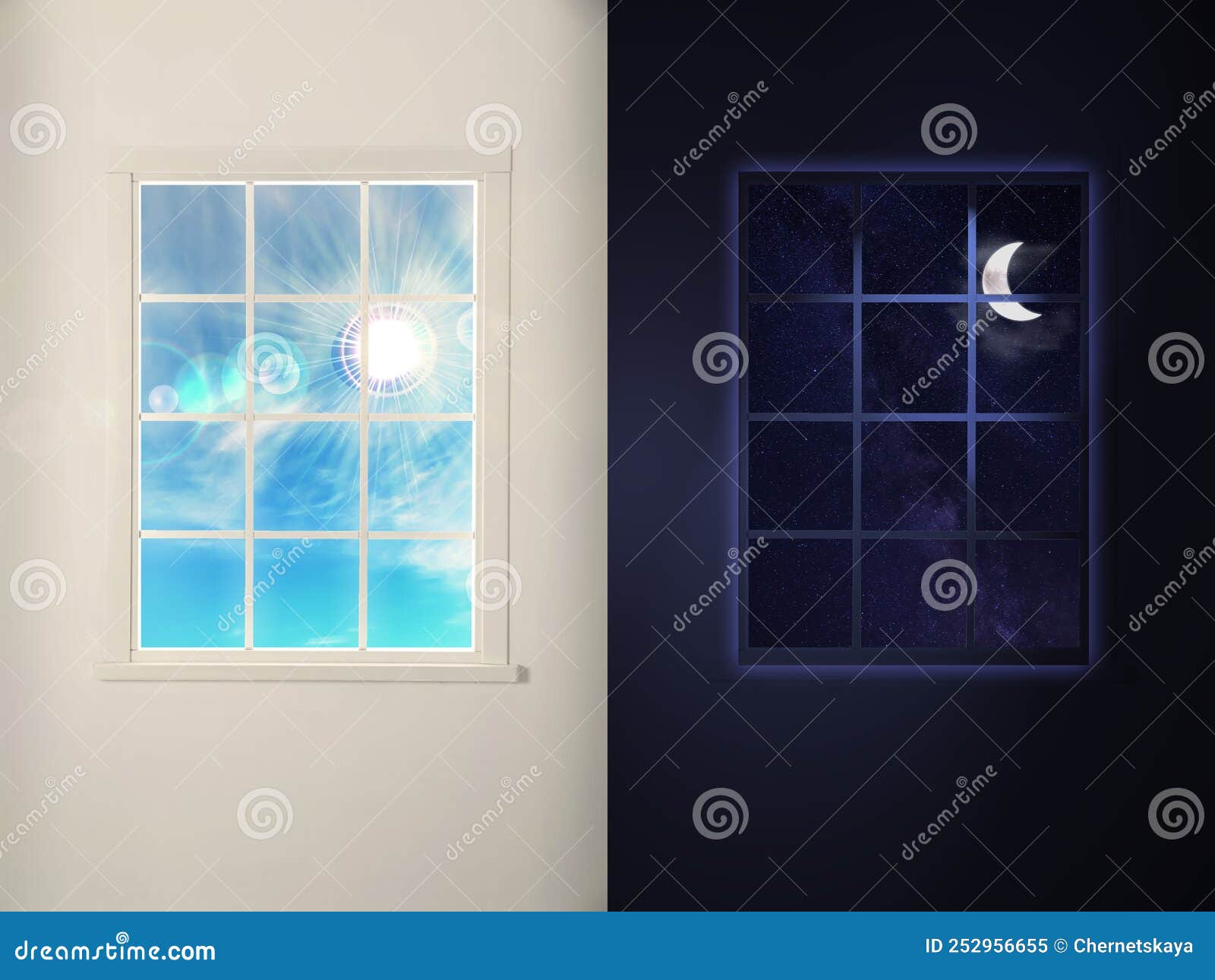 Beautiful View of Sky through Windows in Day and Night, Collage Stock ...
