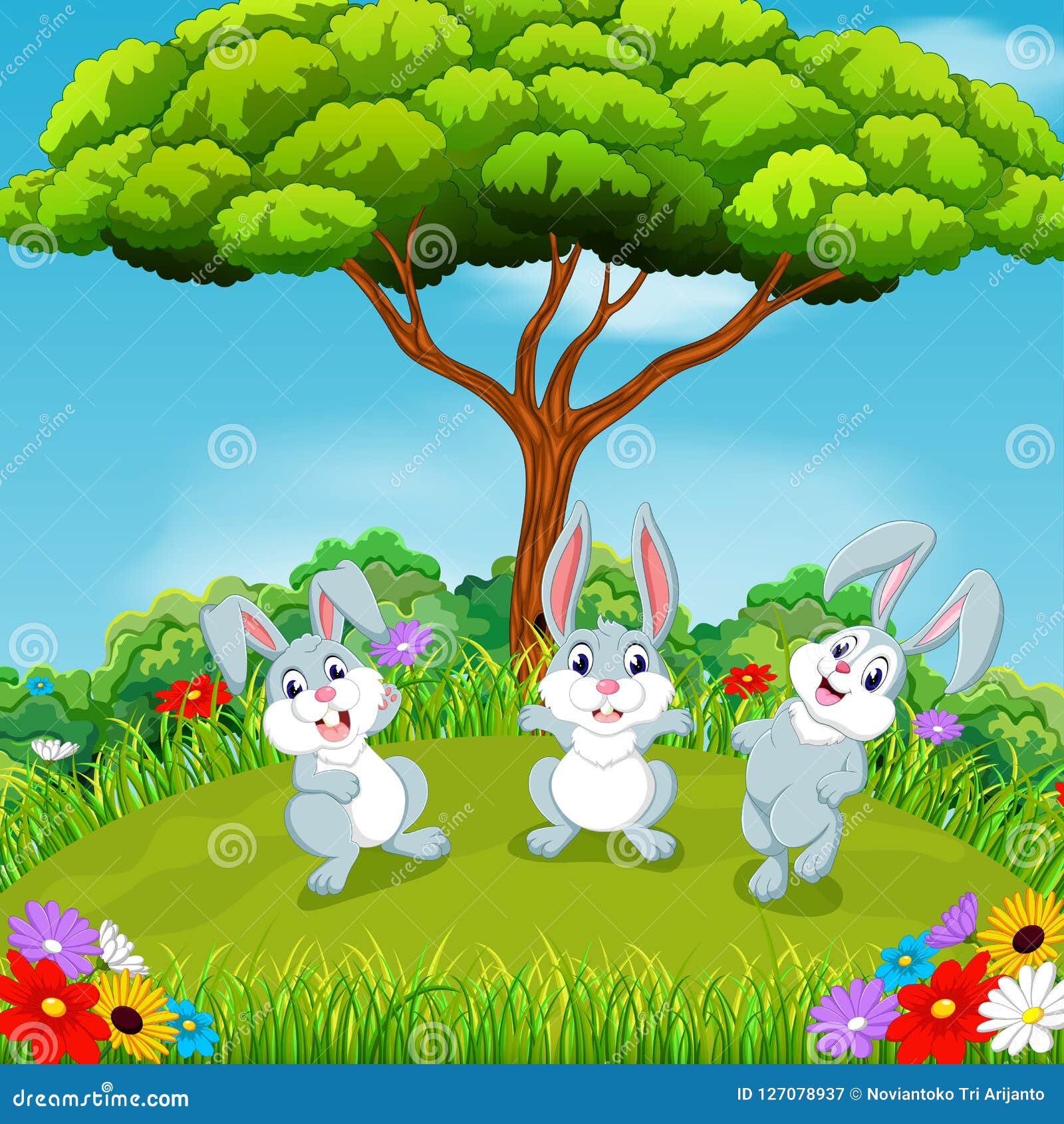 The Beautiful View with Three Rabbits Playing Together Under the Huge ...