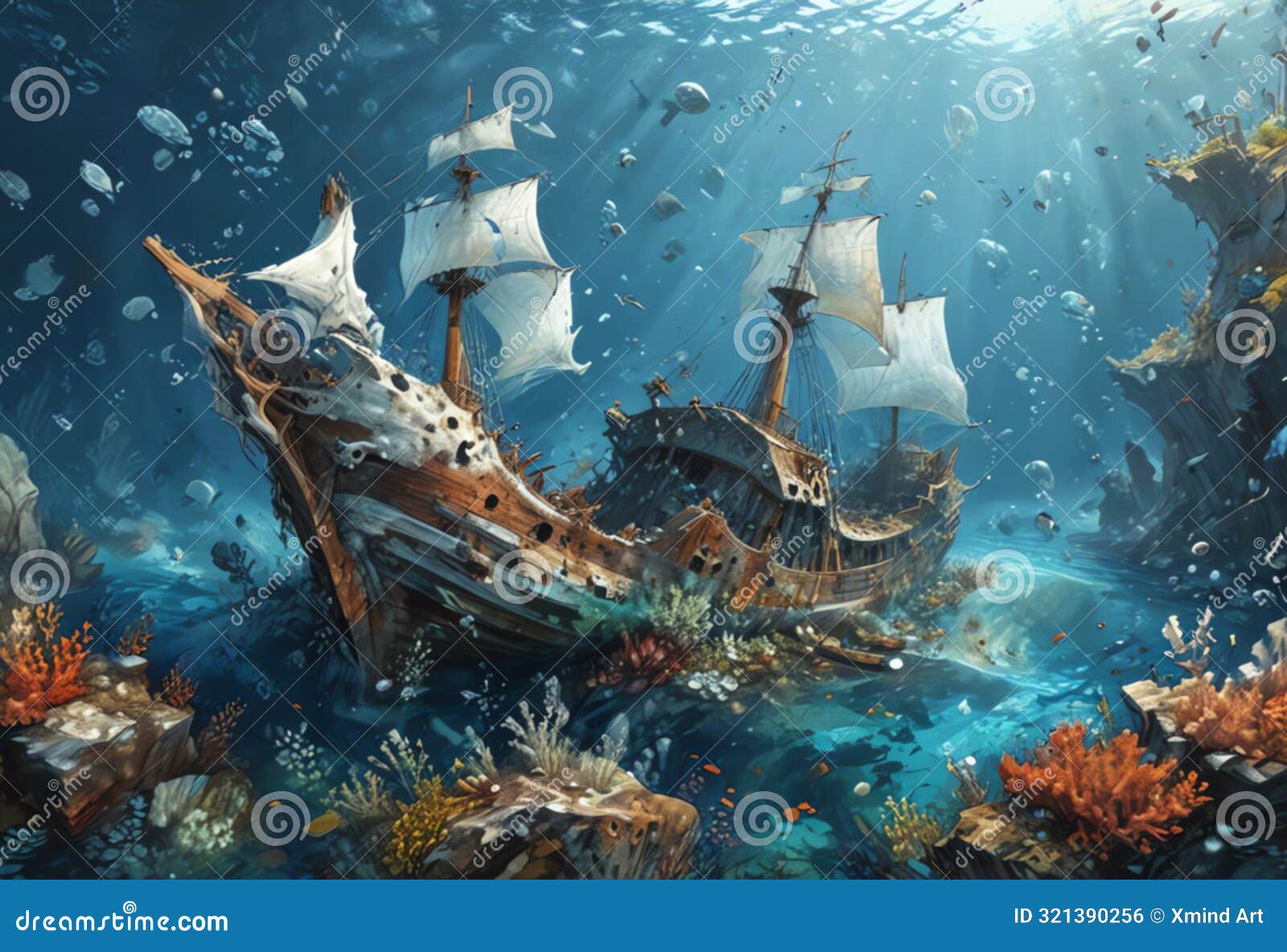 Beautiful View Underwater Coral Reef and Sunken Ship Stock Illustration ...