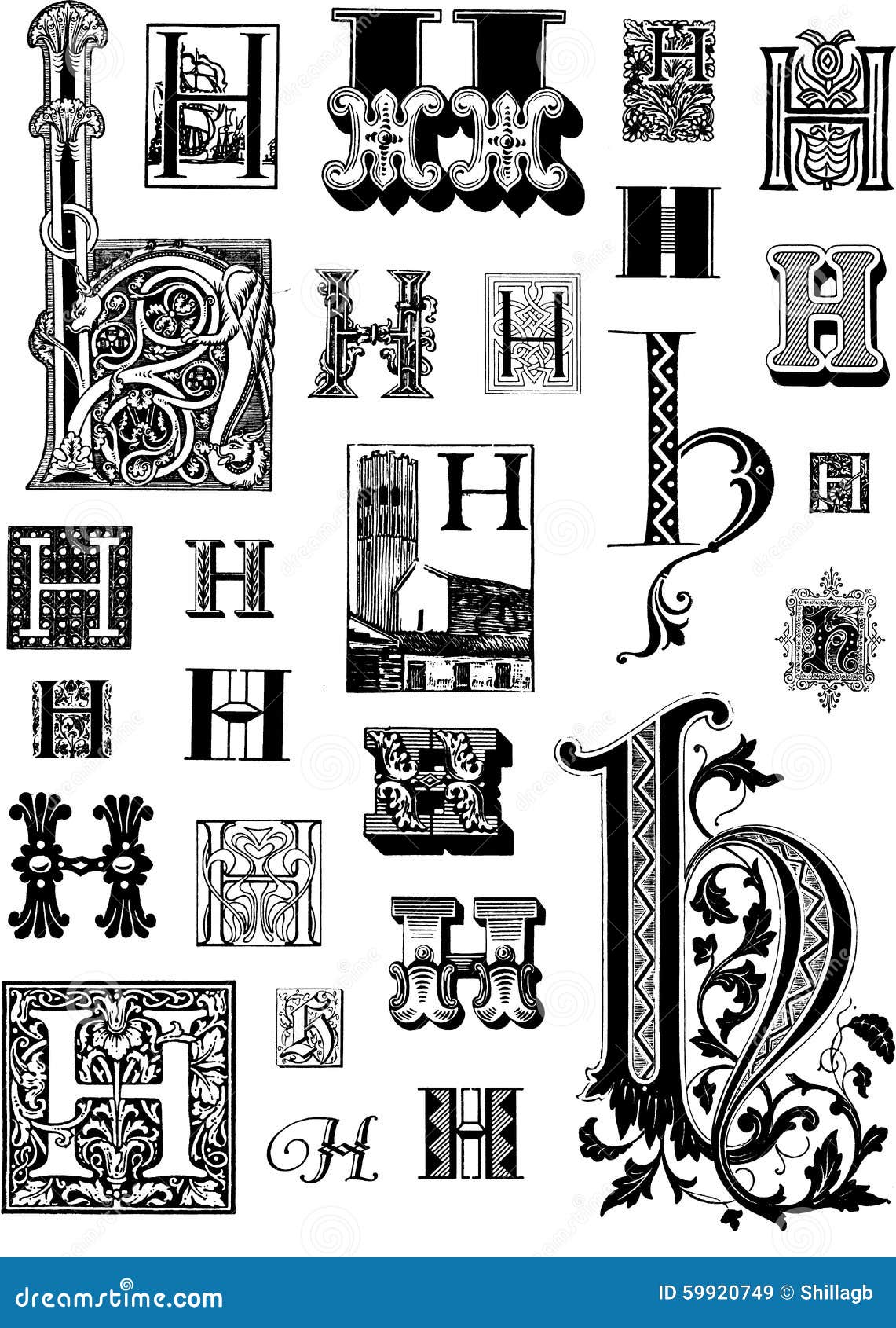 Beautiful Vintage Initial Cap H Stock Illustration - Illustration of ...