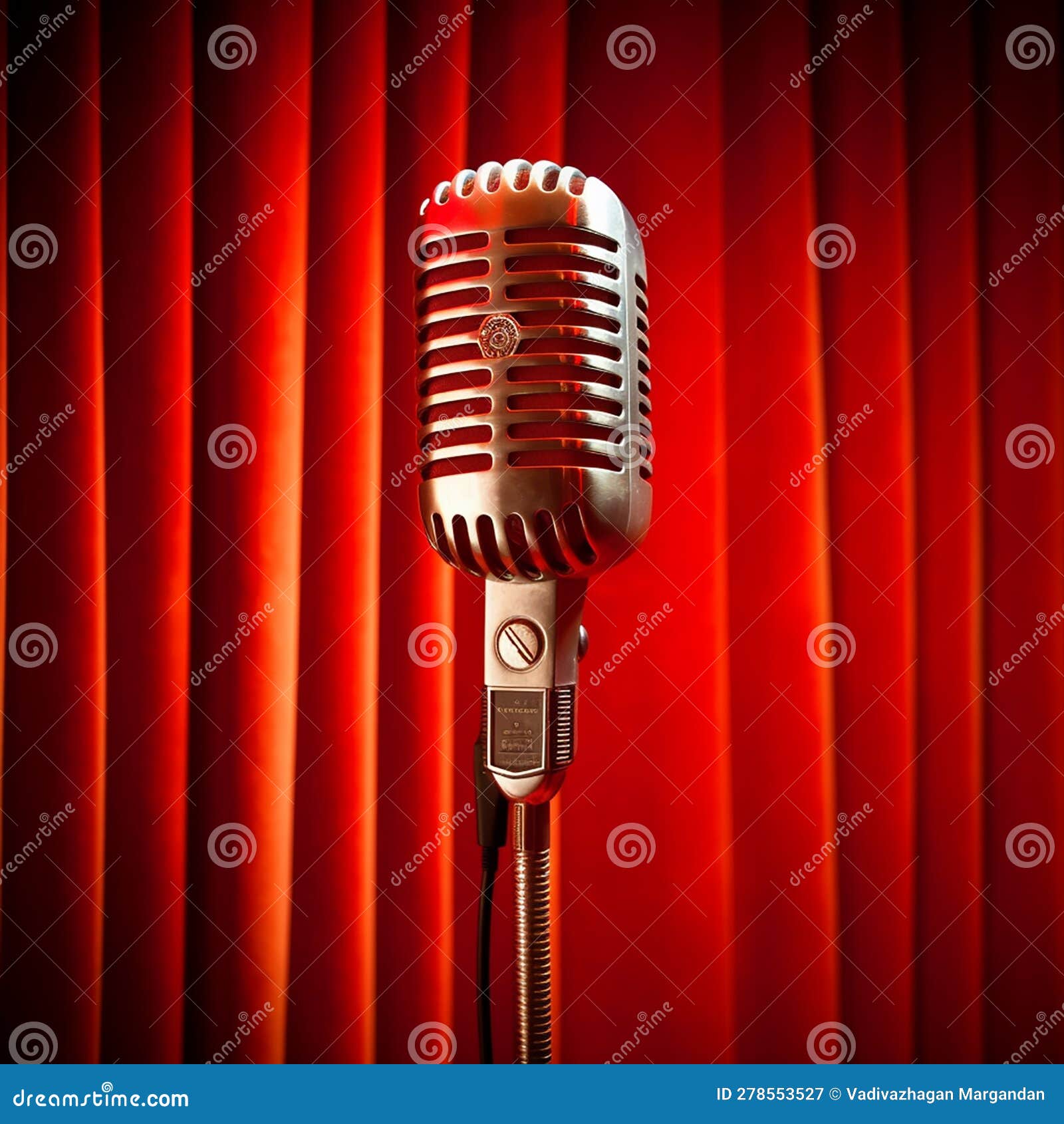 Vintage Silver Microphone in Front of Red Curtain Stock Illustration ...