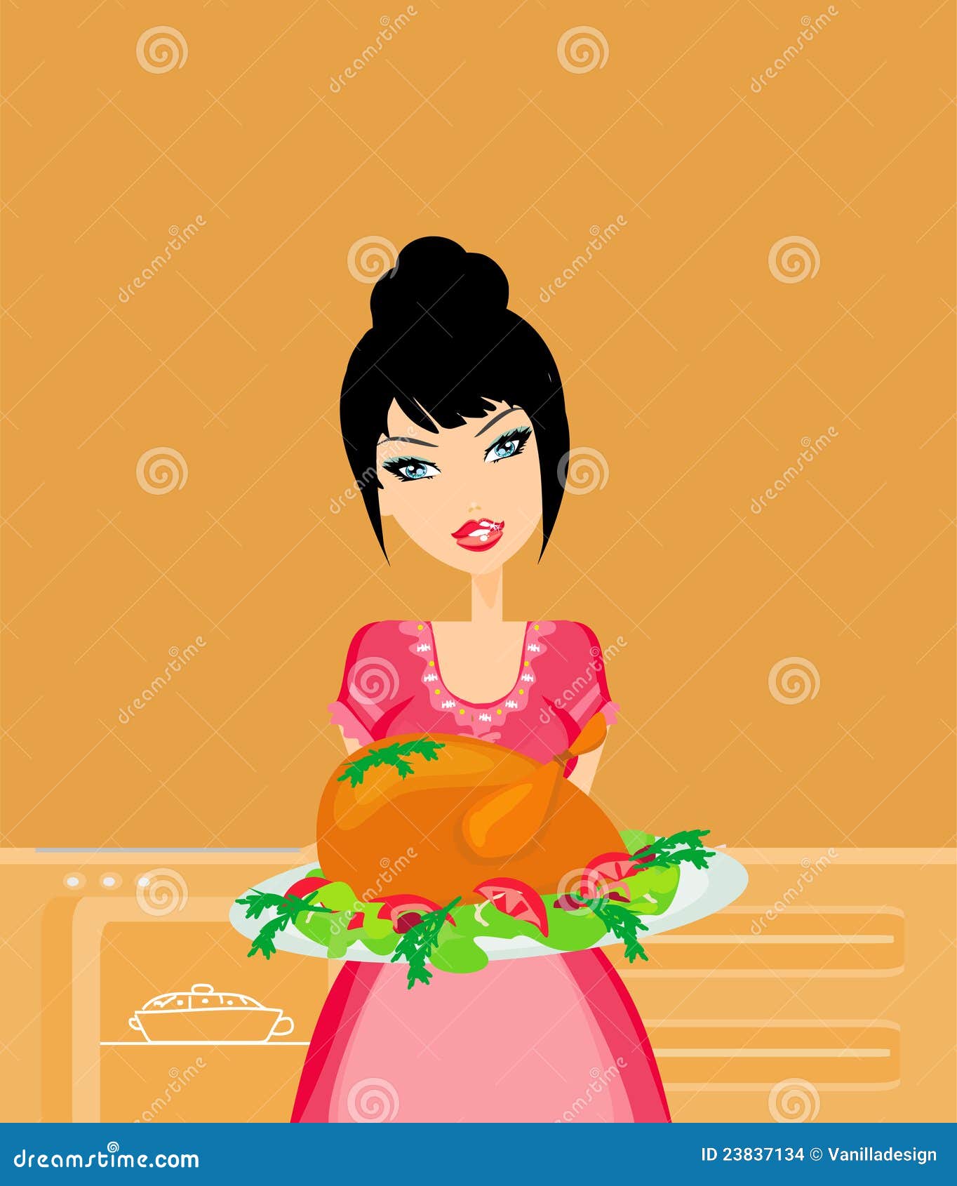 Beautiful Waitress Serving a Chicken Stock Vector - Illustration of ...