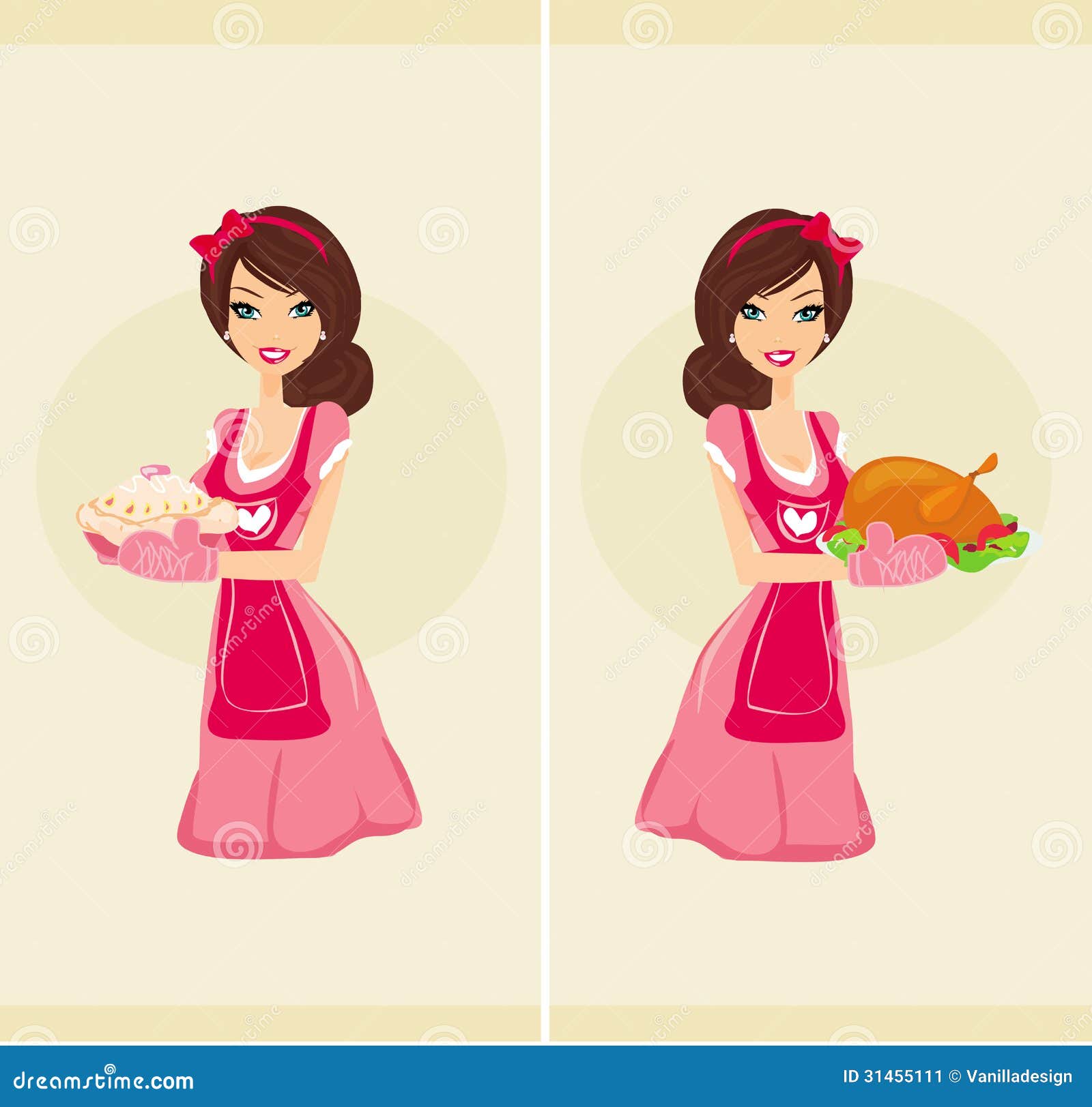 Beautiful Waitress Serving Chicken and Cake Stock Vector - Illustration ...