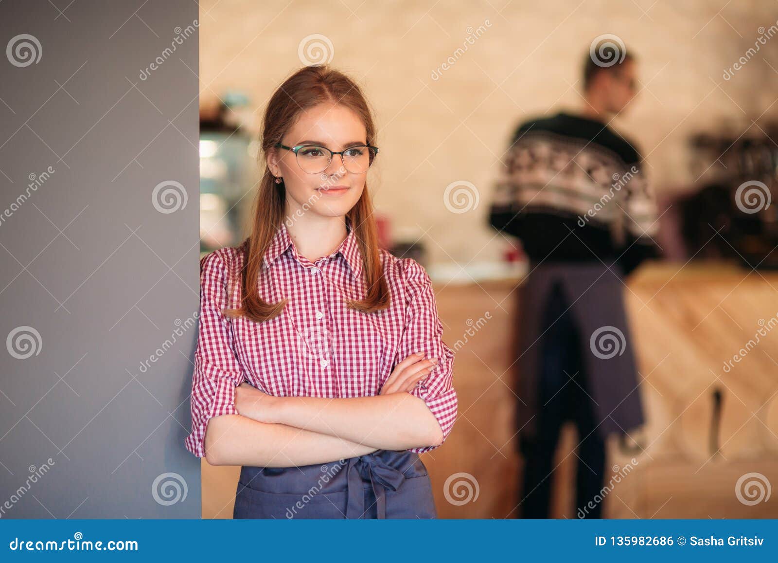 Beautiful Waitress Standing in Cafe. Waiting for Customer Stock Photo ...
