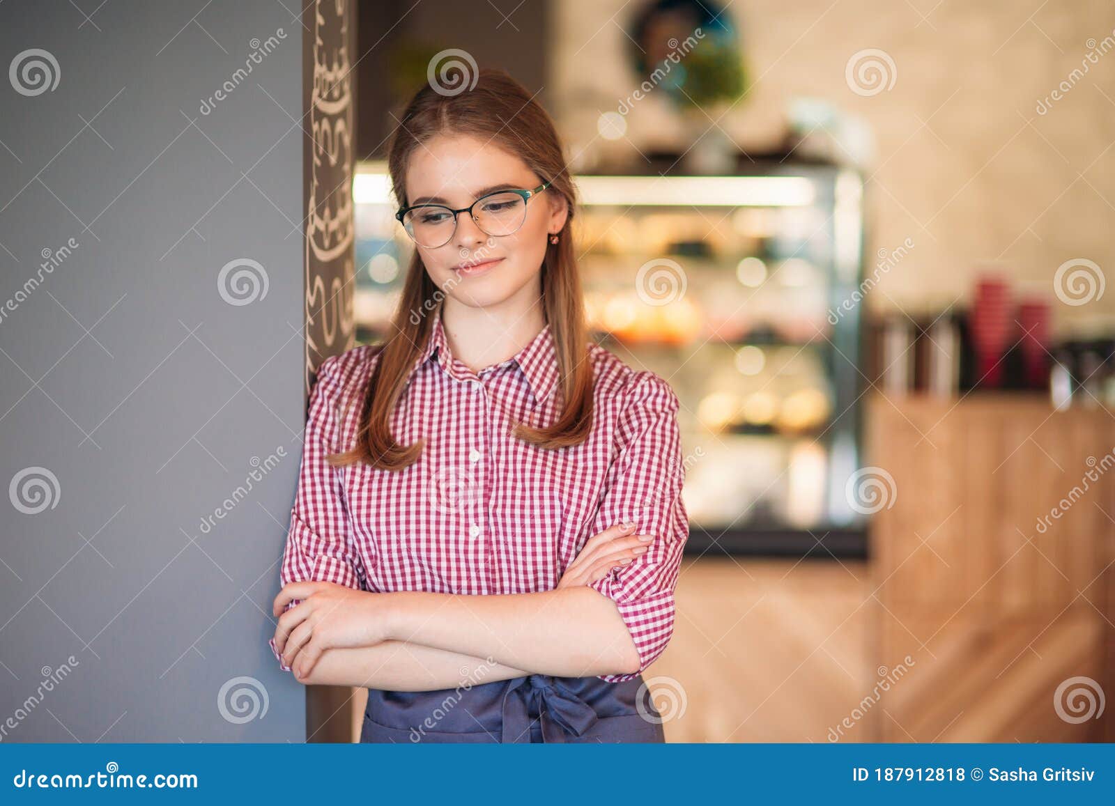 Beautiful Waitress Standing in Cafe. Waiting for Customer Stock Photo ...