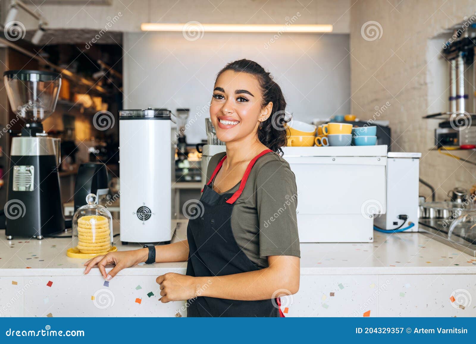 Beautiful Waitress Standing at the Counter Stock Image - Image of race ...