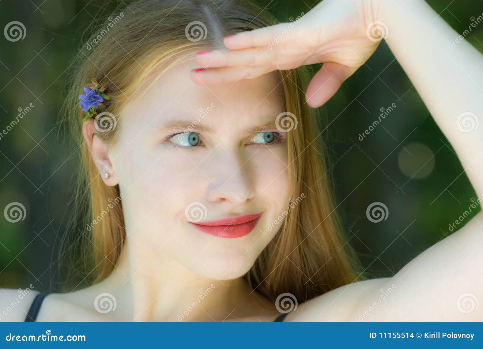 Beautiful Waman with a Small Blue Flower Stock Photo - Image of makeup ...