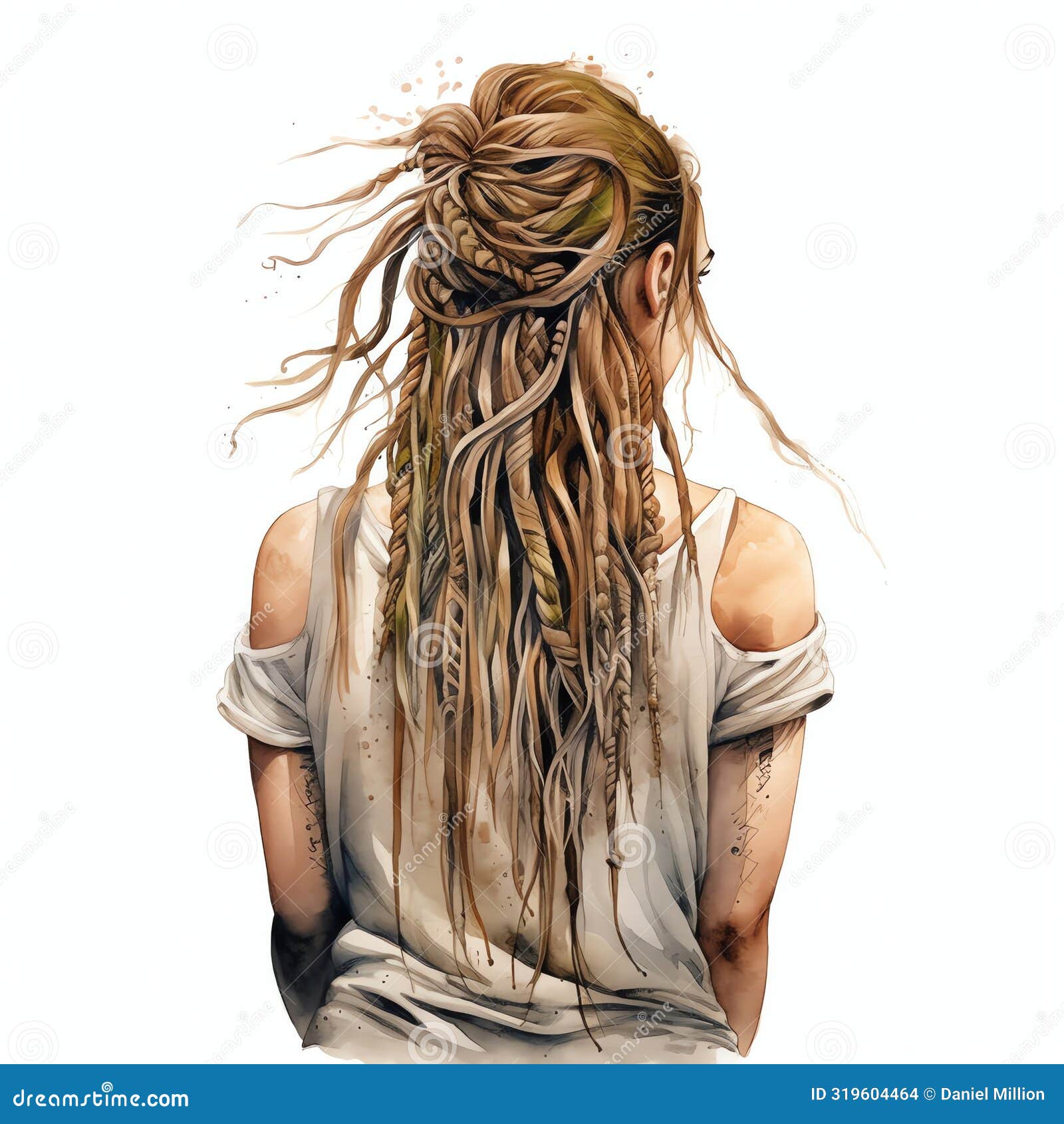 Beautiful Watercolor Dreadlocks Hair Style Back View Stock Illustration ...