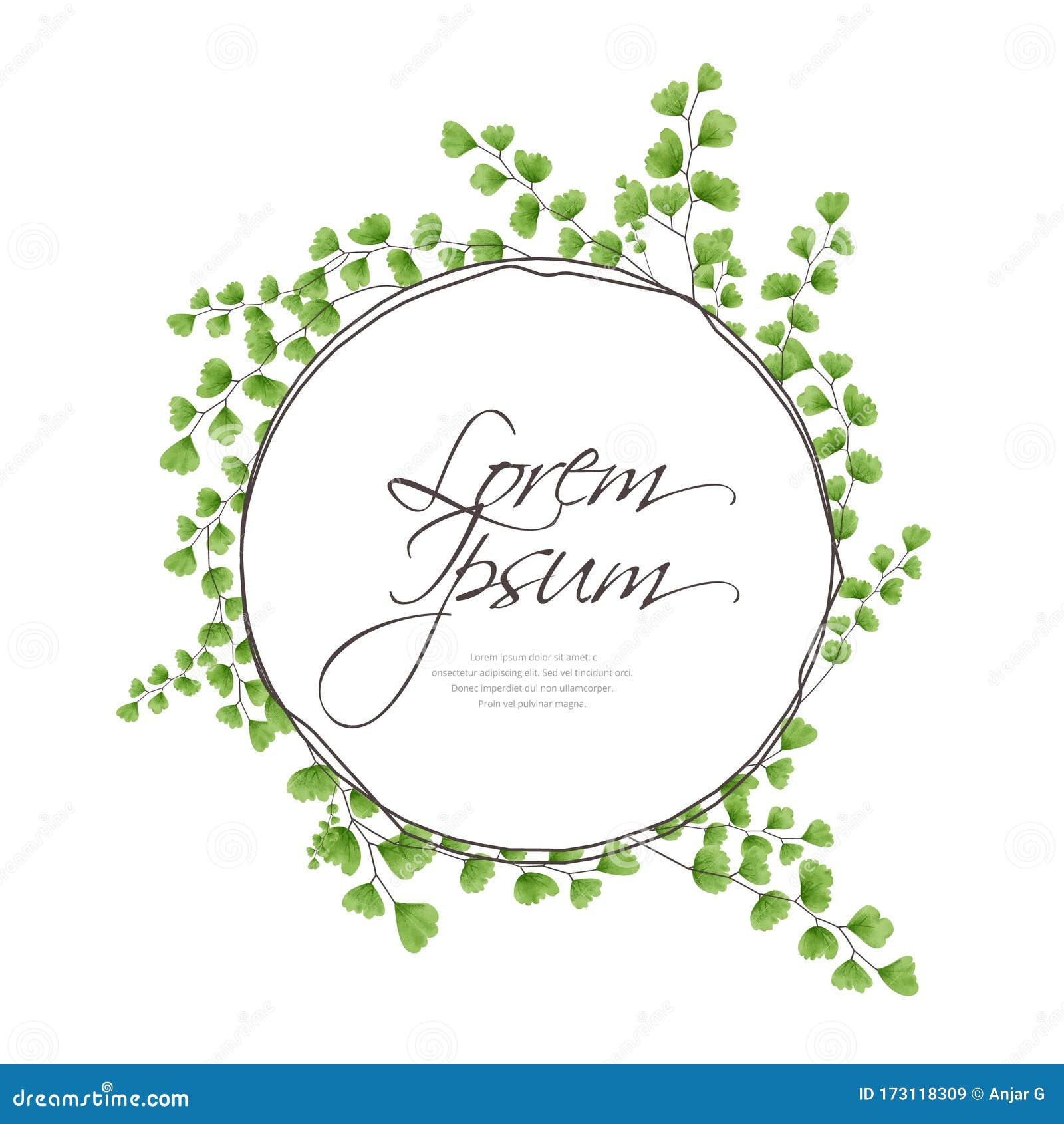 Isolated Circle Watercolor Fern Frame Border Wreath Cover Letter Template Layout Vector
