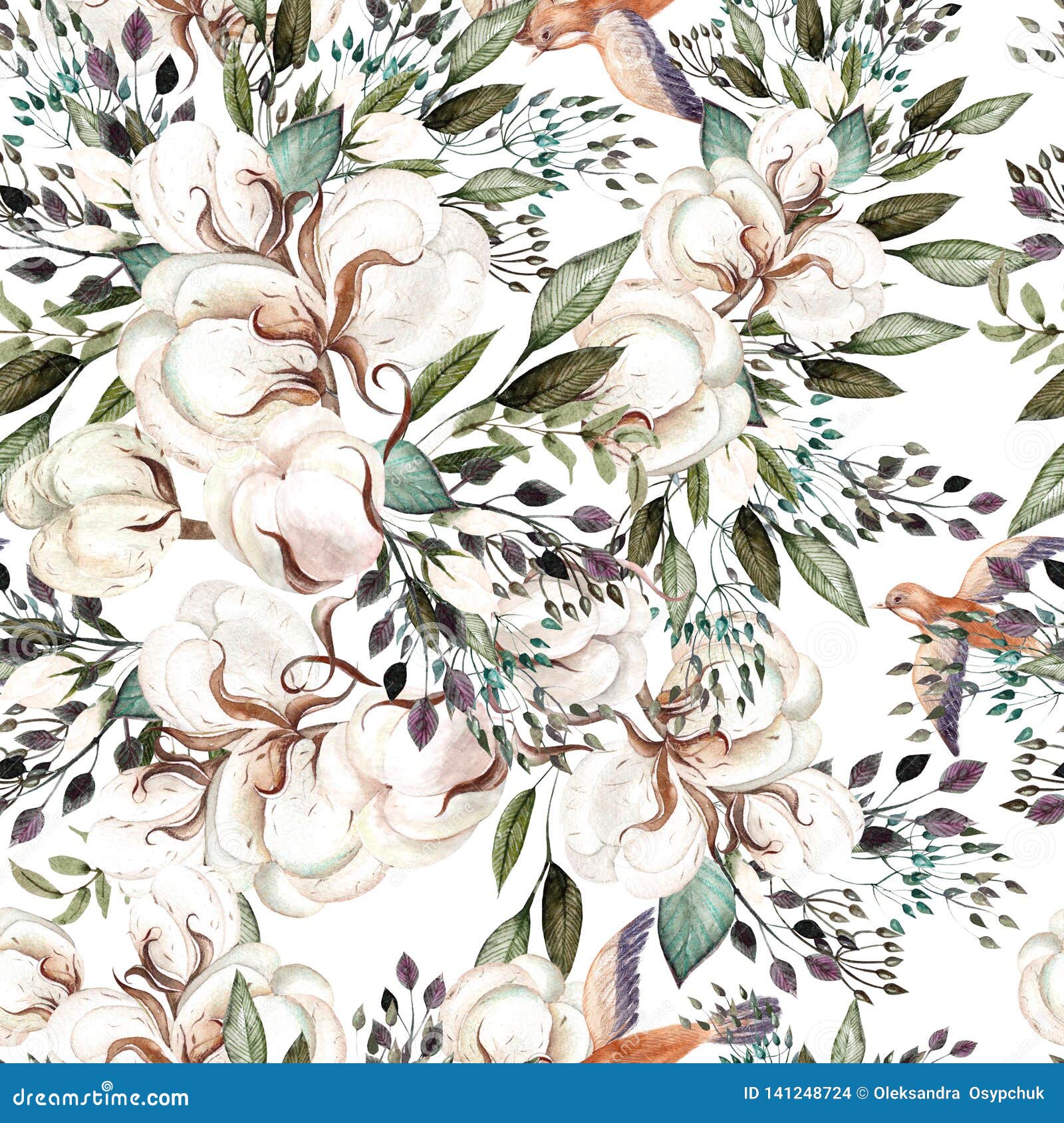 Beautiful Watercolor Spring Pattern with Cotton and Bird. Stock Photo ...
