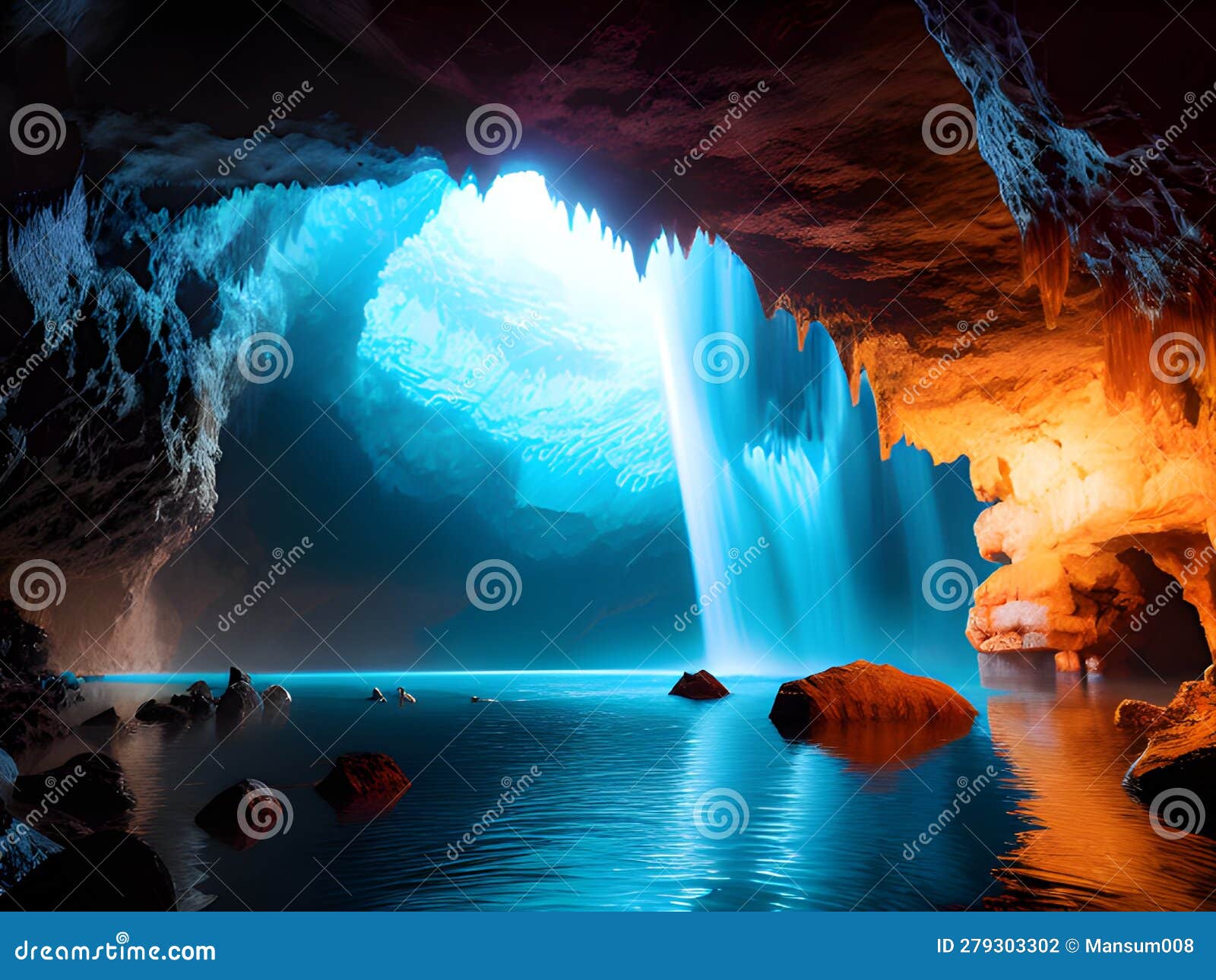 Beautiful Waterfall in the Cave, AI Generated Stock Illustration ...