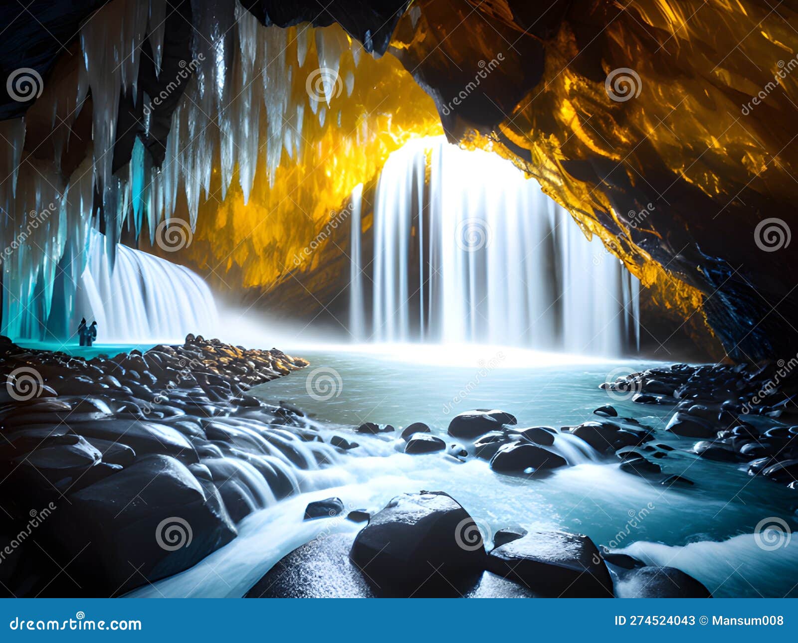 Beautiful Waterfall in the Cave with Gold Light, AI Generated Stock ...