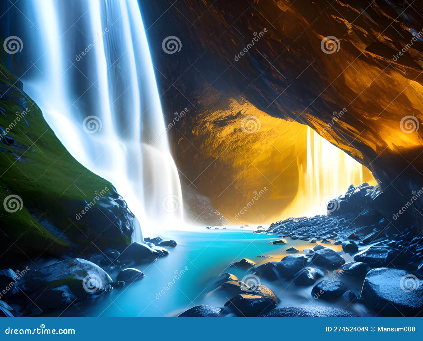 Beautiful Waterfall in the Cave with Gold Light , Ai Generated Stock ...