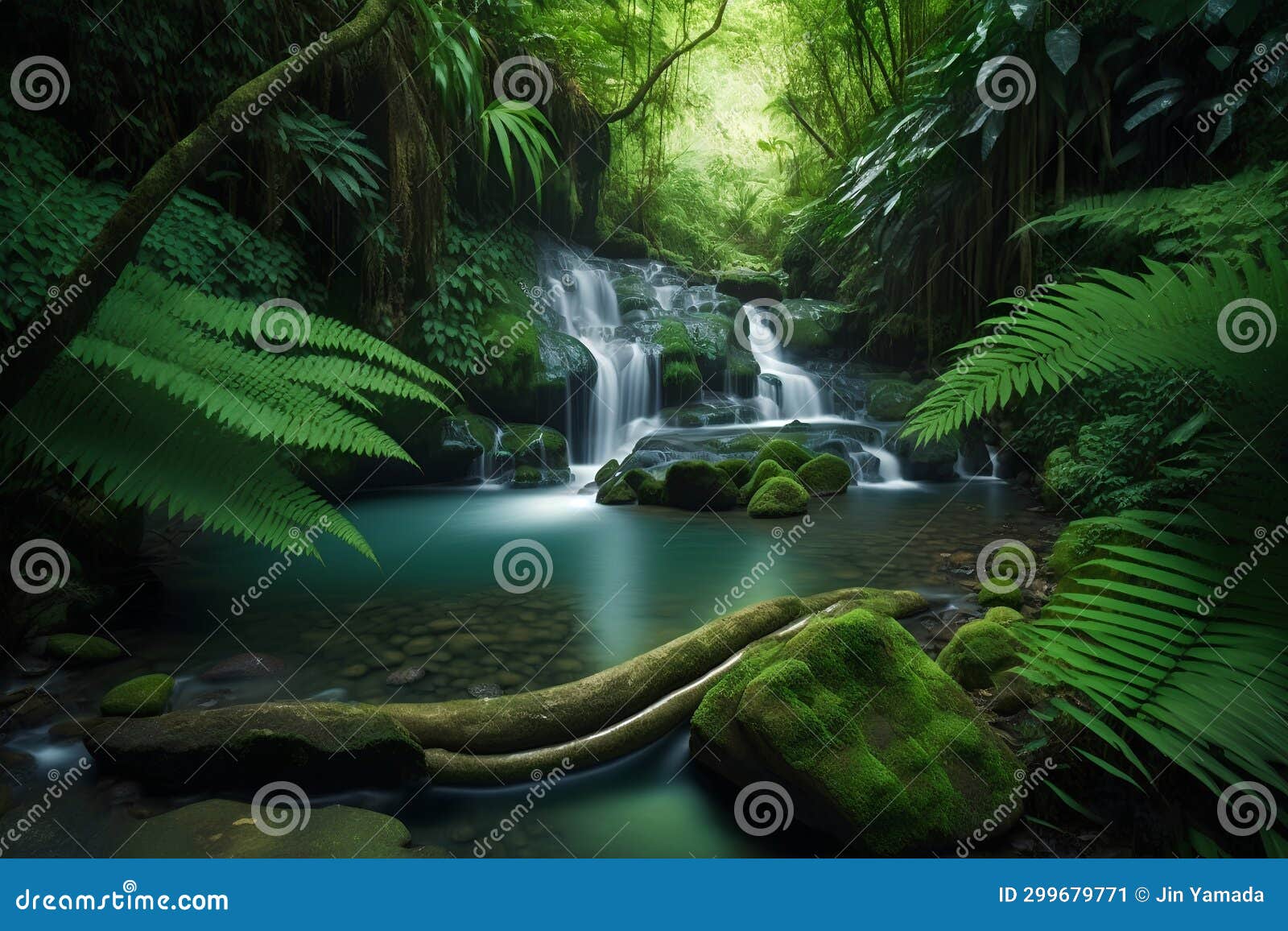 Beautiful Waterfall in Deep Rainforest with Lush Green Ferns Stock ...