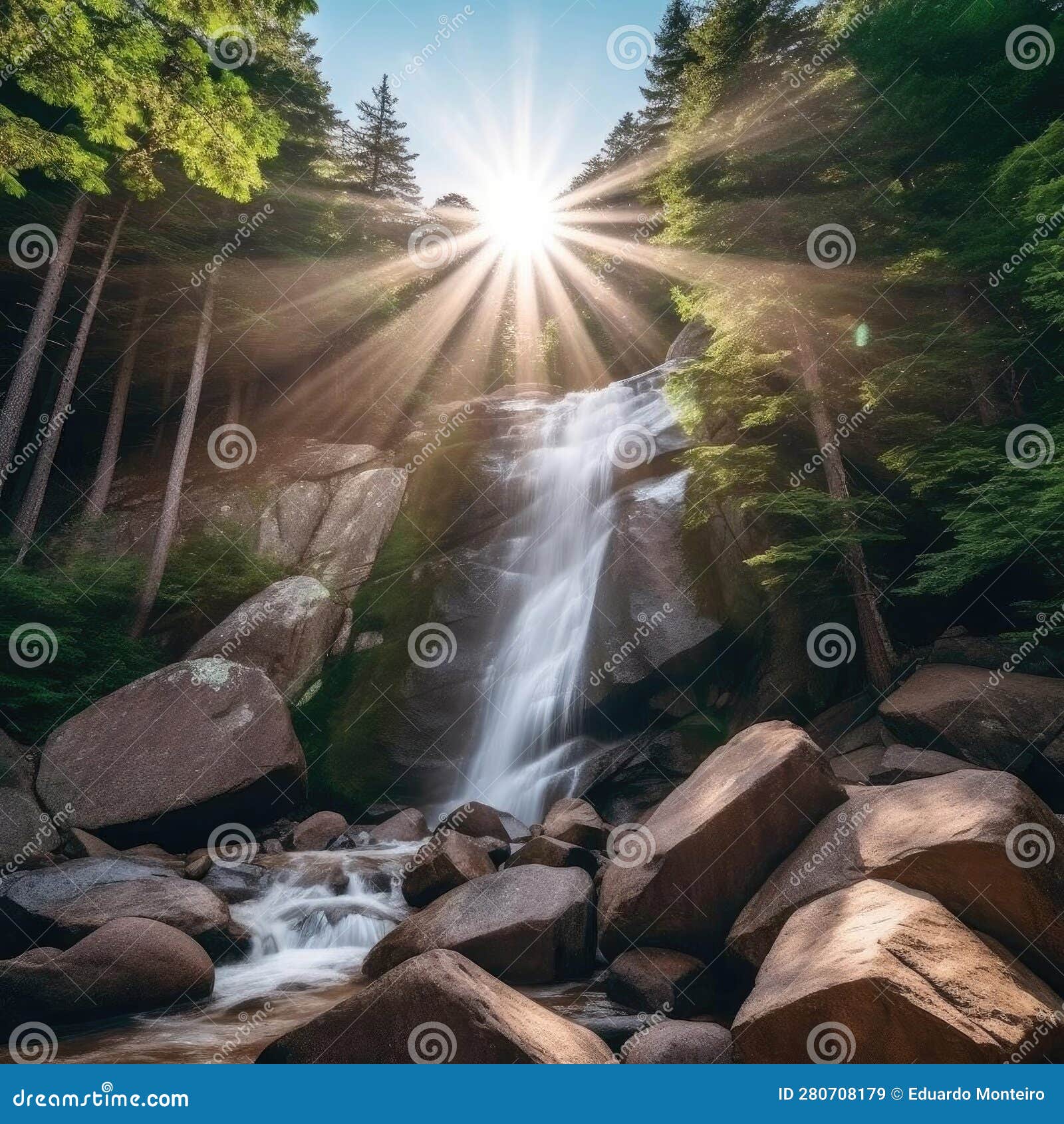 Beautiful Waterfall in the Forest with Sun Rays and Lens Flare Stock ...