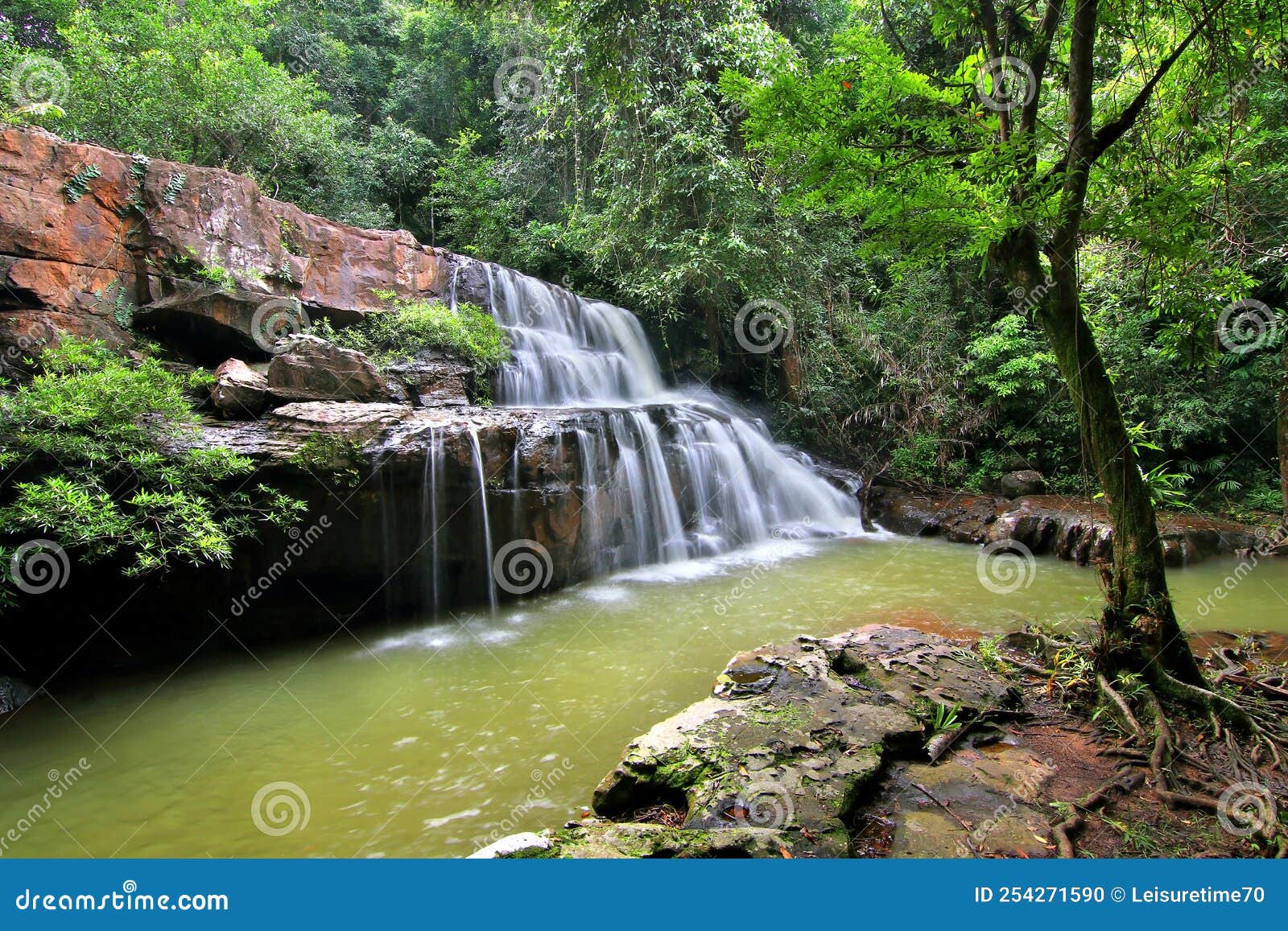 Beautiful Waterfall in Green Forest Stock Photo - Image of mountain ...