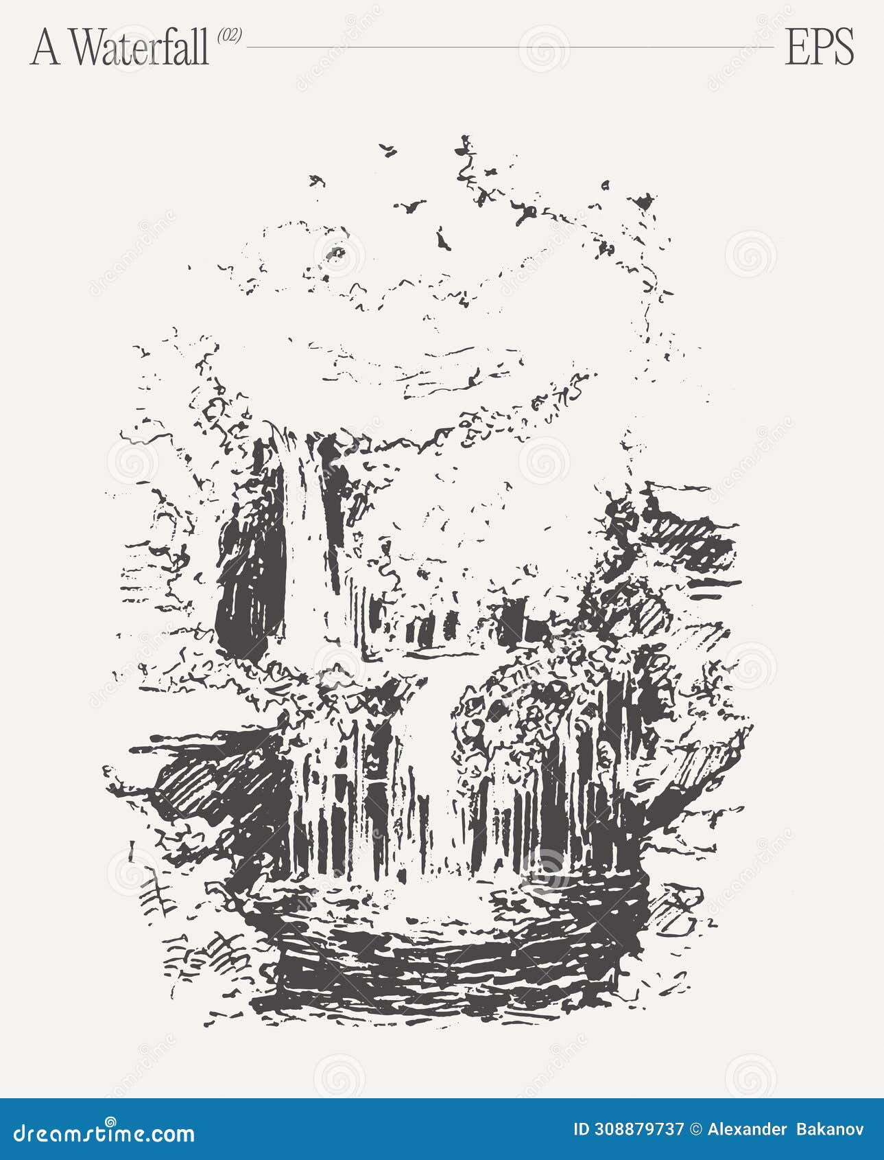 A Beautiful Waterfall. Hand Drawn Vector Illustration, Sketch Stock ...