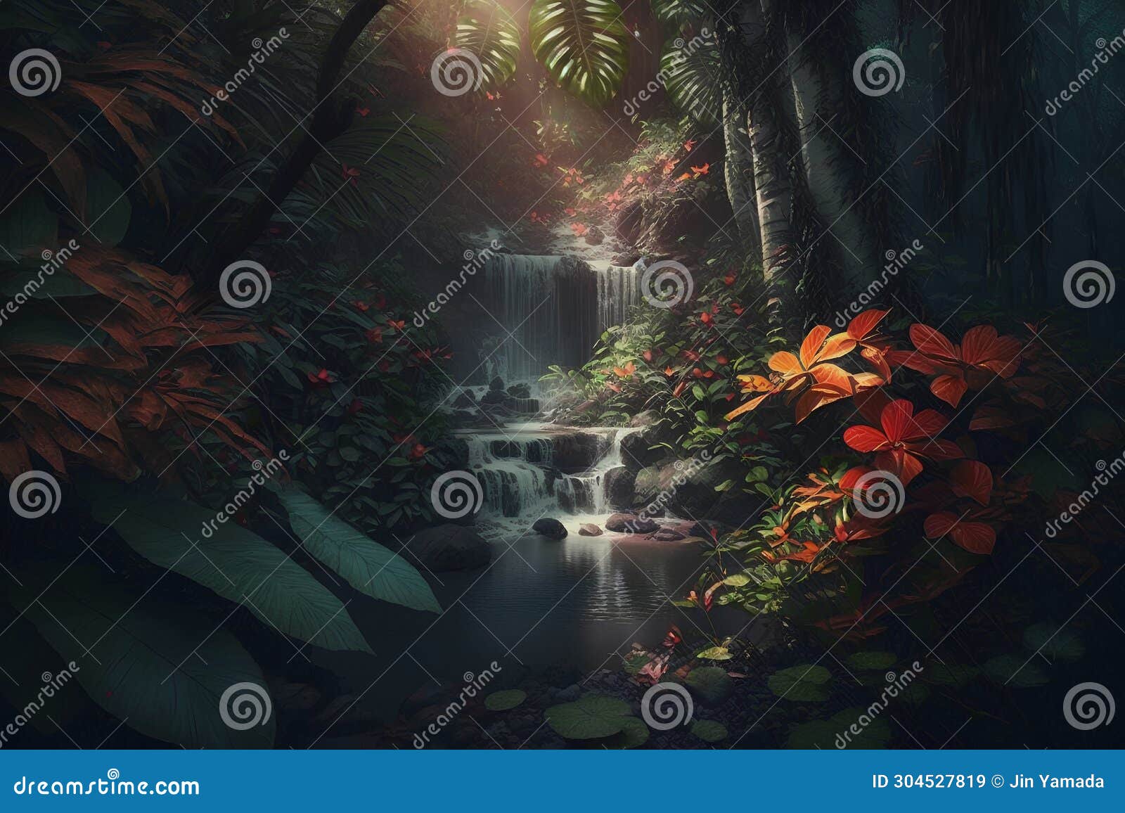 Beautiful Waterfall in the Jungle, 3d Render, Digital Illustration ...