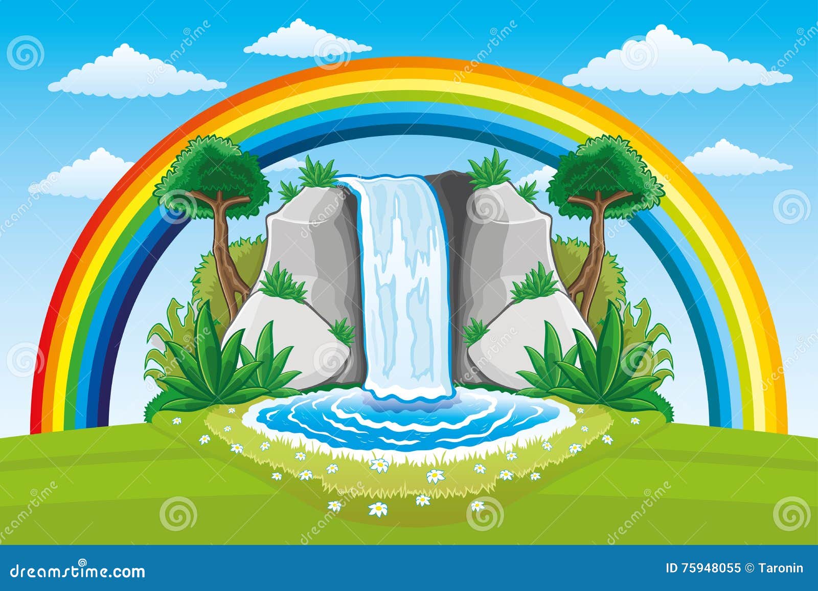 Beautiful Waterfall and Rainbow. Stock Vector - Illustration of ...