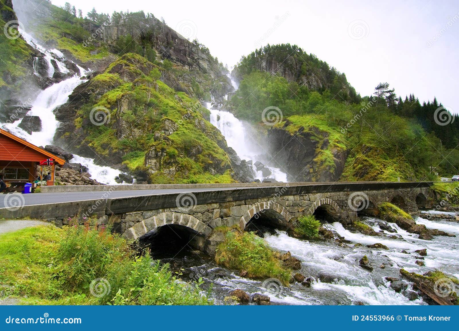 Beautiful Waterfall Scenery with Old Bridge Stock Photo - Image of ...