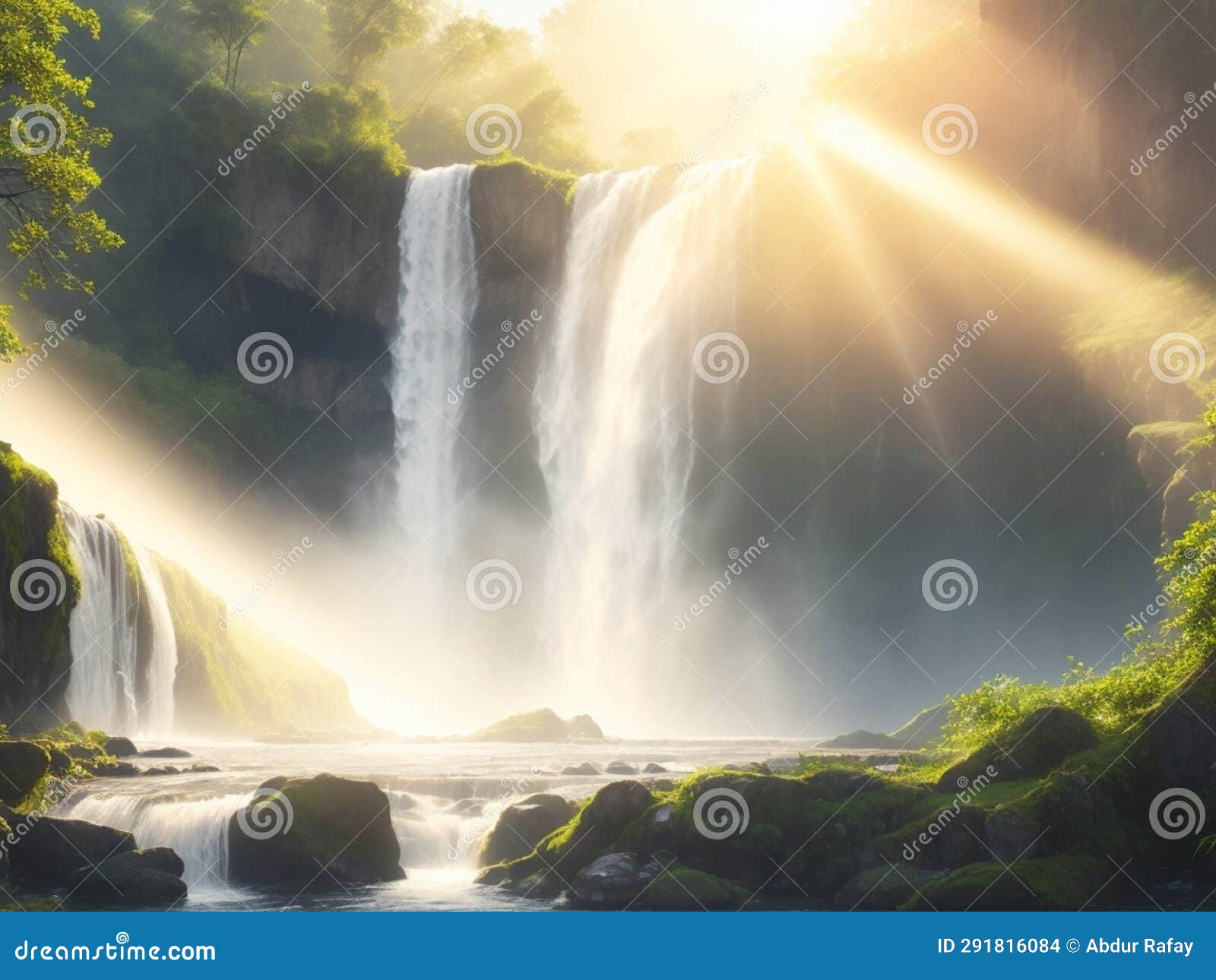 Beautiful Waterfall with Shiny Sunrise Stock Illustration ...