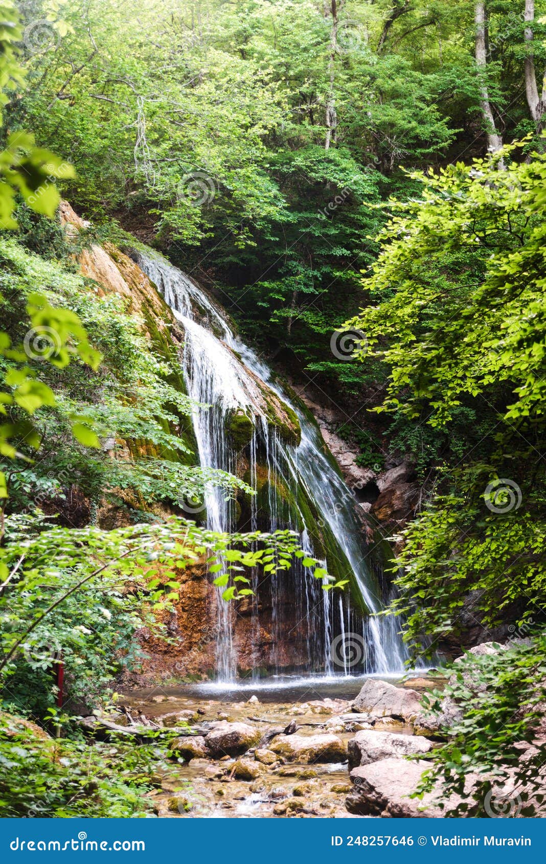 Beautiful Waterfall in Spring Green Forest Stock Photo - Image of ...