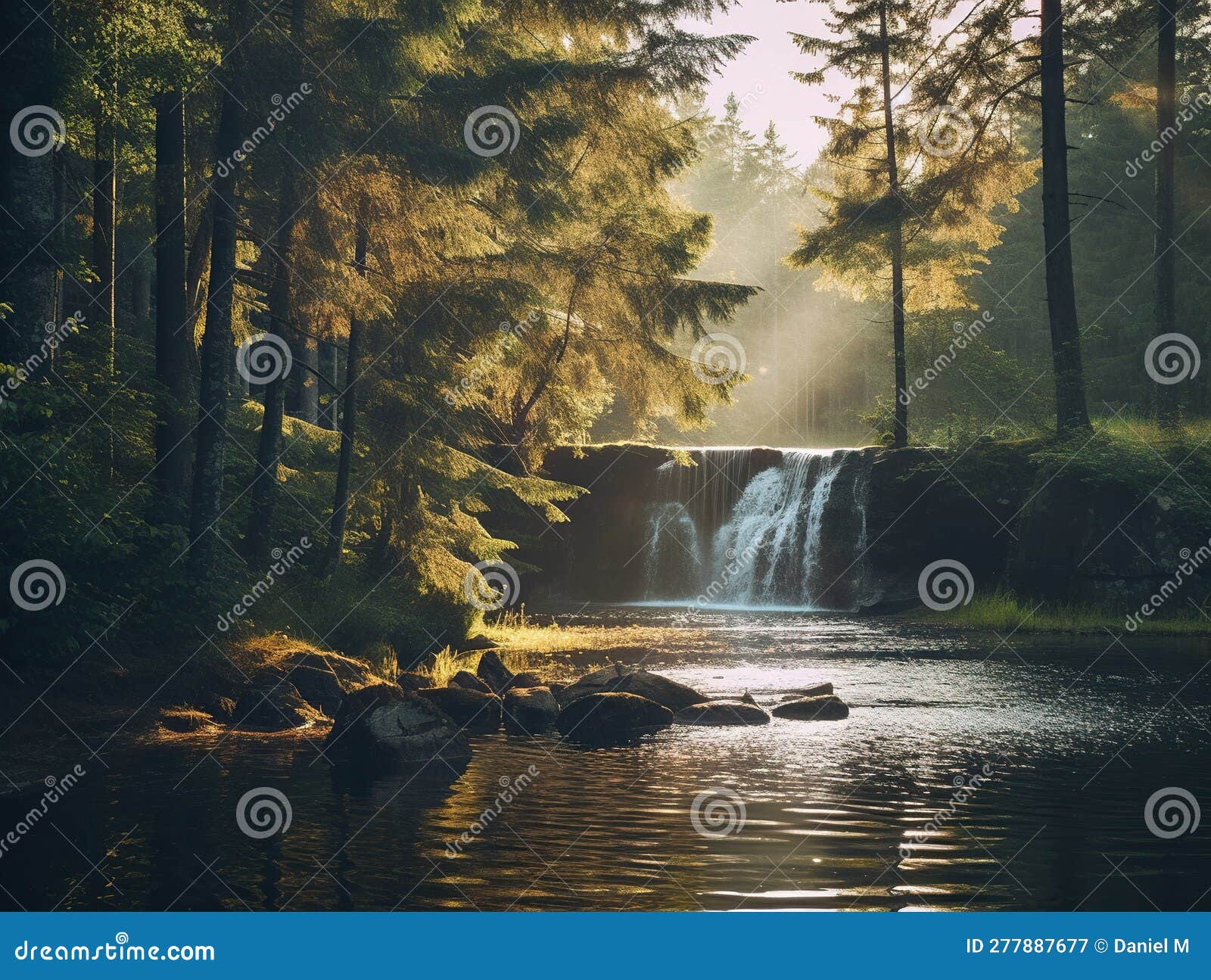 Beautiful Waterfall Streaming through Dense Forest. Sunlight Rays ...