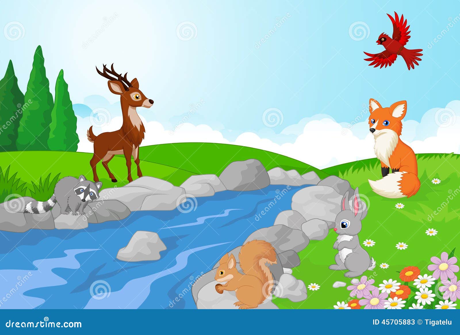 Beautiful Waterfall with Wild Animals Stock Vector - Illustration of ...