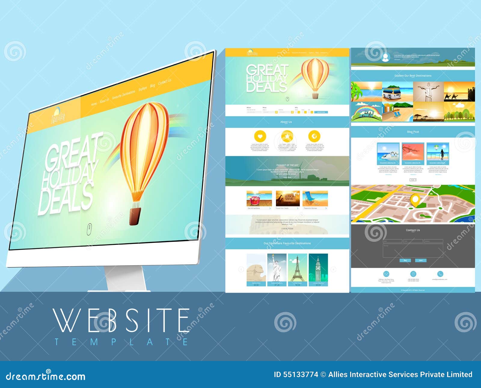 Beautiful Website Template Design for Tourism. Stock Illustration ...