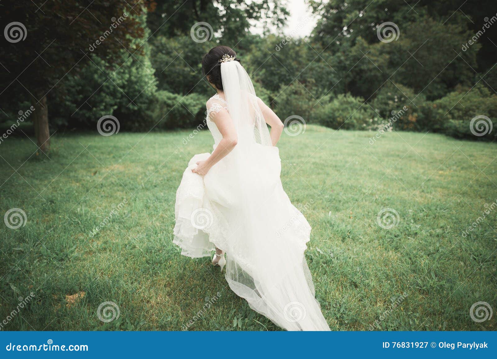 Beautiful Wedding Bride Running in the Garden Stock Image - Image of ...
