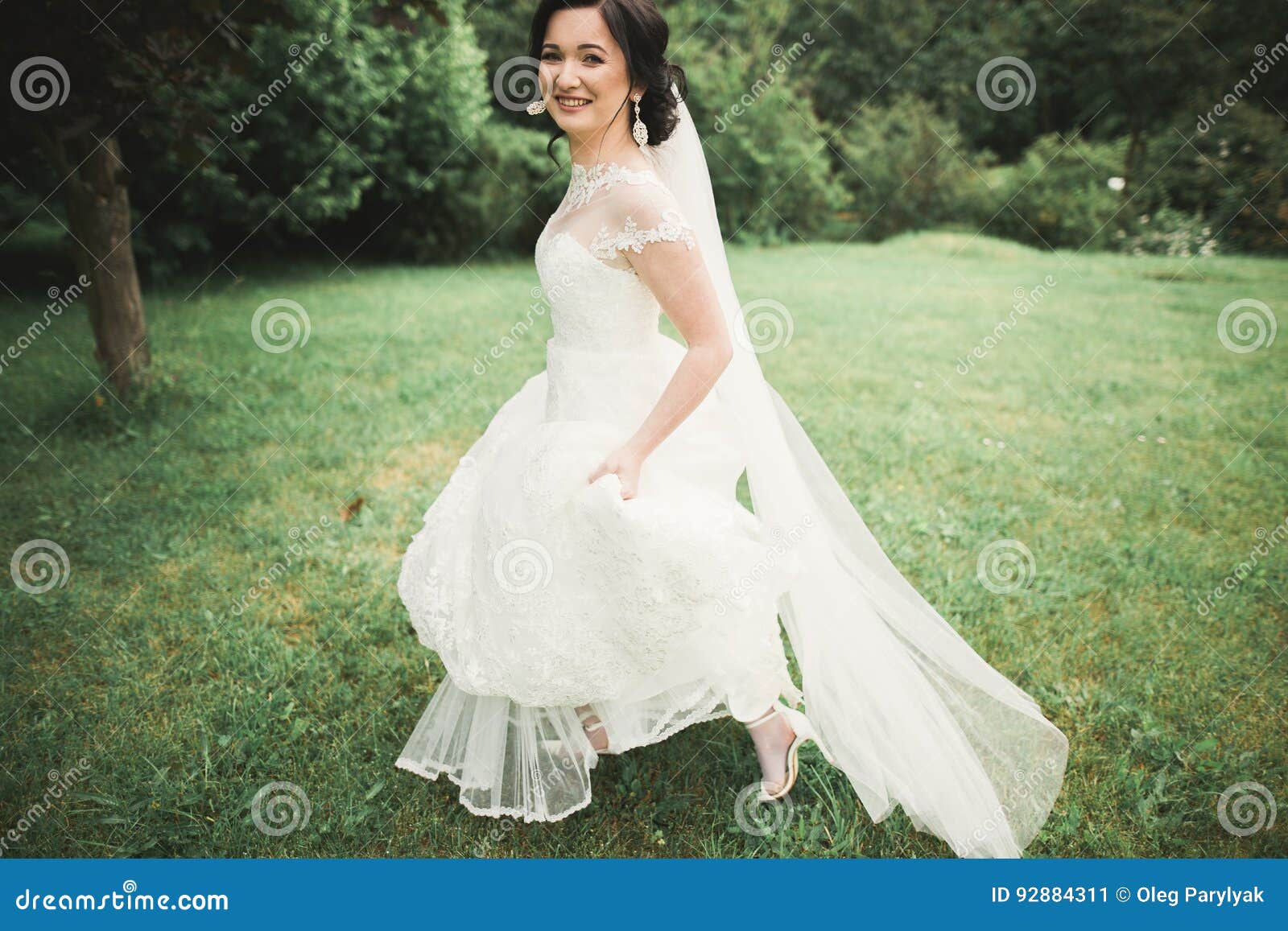Beautiful Wedding Bride Running in the Garden Stock Image - Image of ...