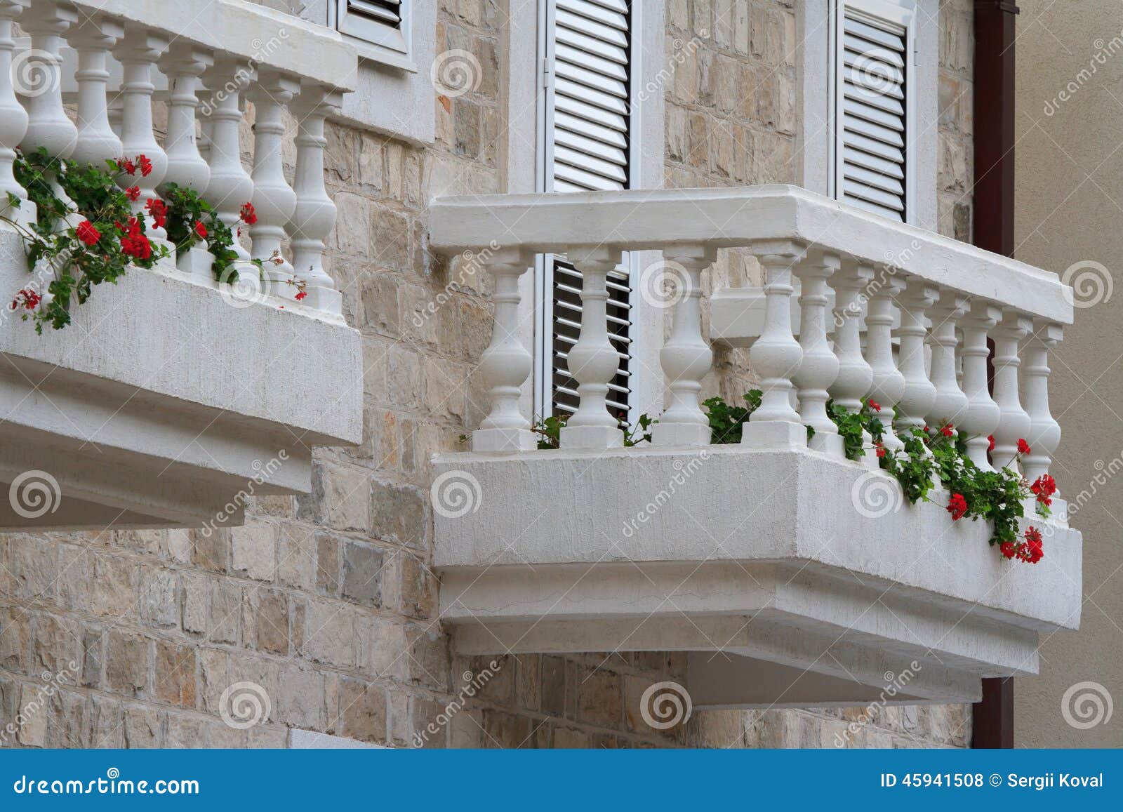 Beautiful White Balcony with Flowers. Stock Photo - Image of colorful ...