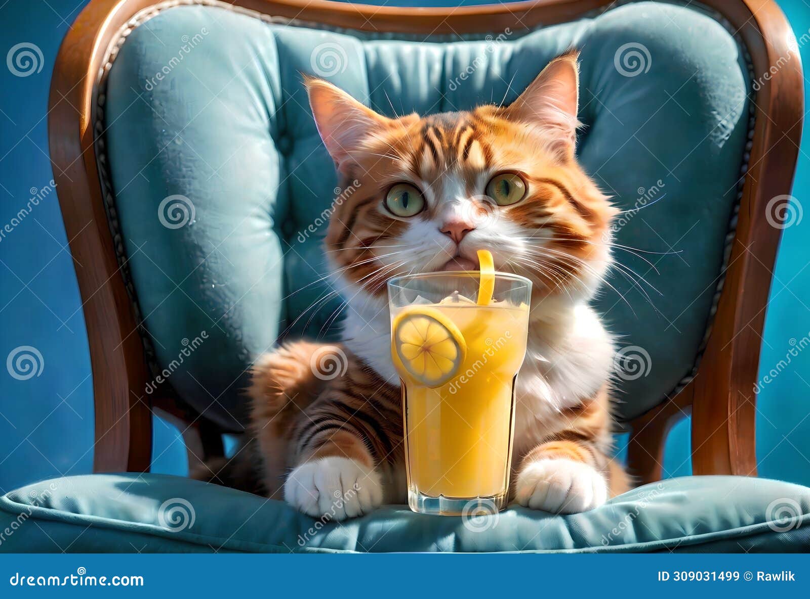 A Beautiful White Cat Drinks Lemonade while Sitting in a Chair. Stock ...