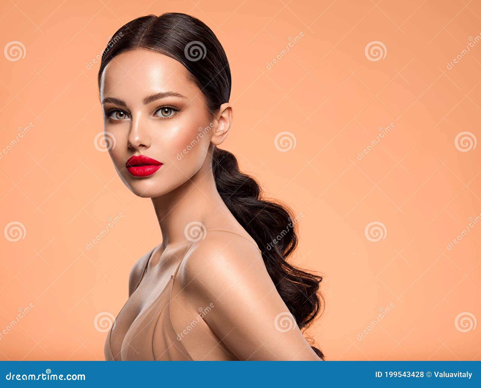 Beautiful White Girl With A Red Lipstick On Lips Stunning Brunette