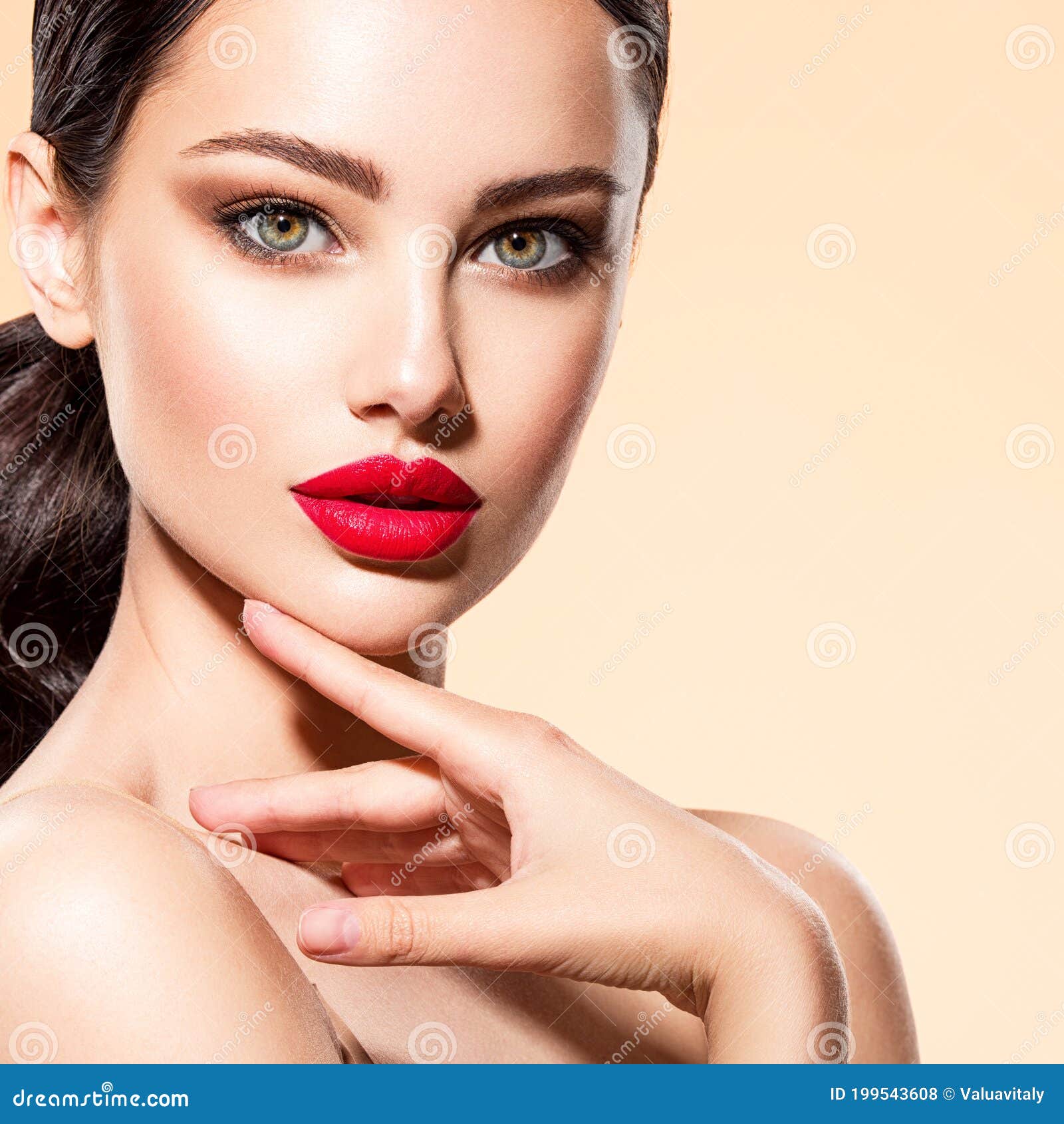 Beautiful White Girl With A Red Lipstick On Lips Stunning Brunette