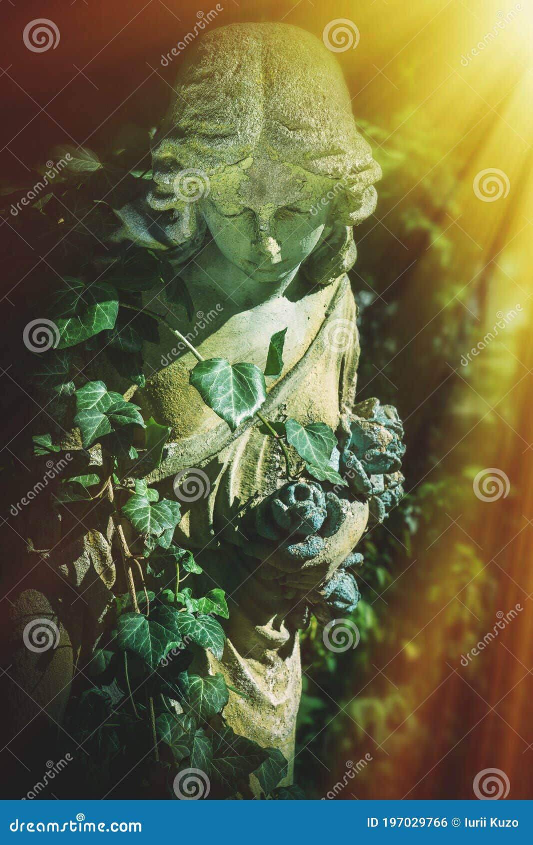 Beautiful White Guardian Angel in Sun Rays. Ancient Stone Statue Stock ...