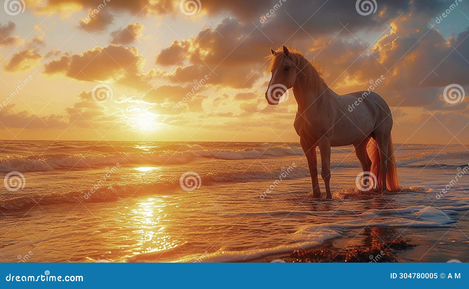 Beautiful White Horse Standing on the Beach at Sunset Stock ...