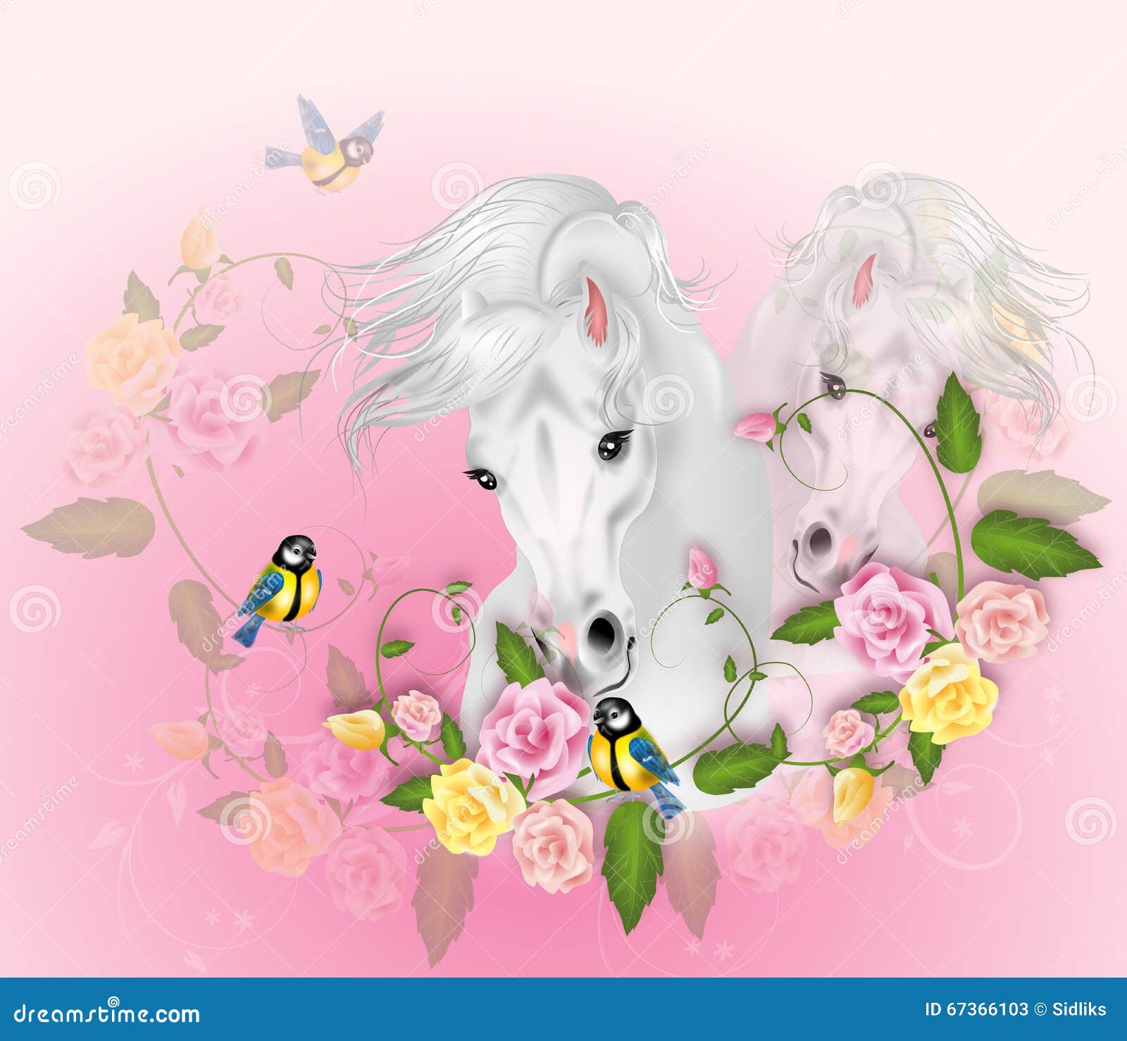 Beautiful White Horses with Rose Decoration Stock Illustration ...