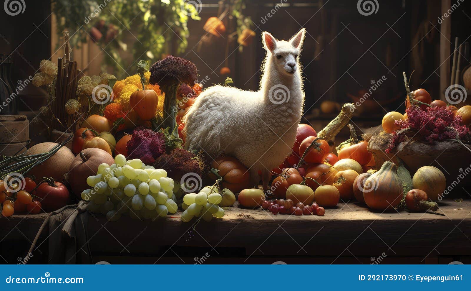 Beautiful White Lama Rest Over a Table of Cornucopia of Fruit and ...