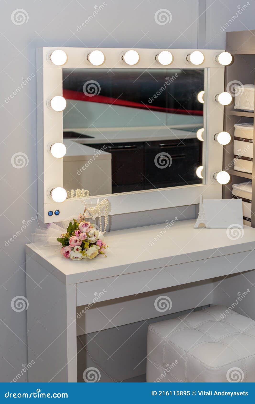 Beautiful White Makeup Table with Light Bulbs. Stock Image - Image of ...