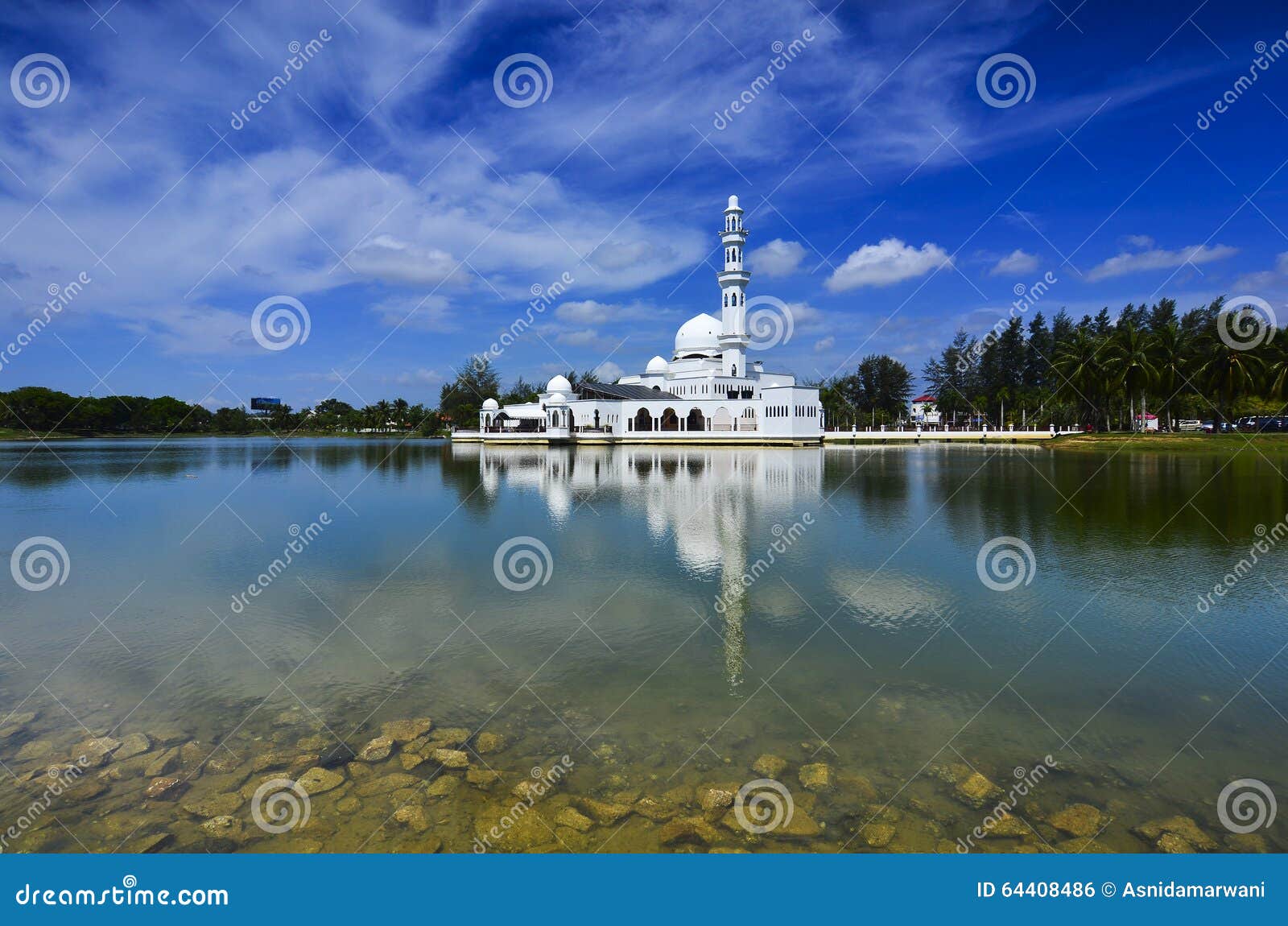 Beautiful White Mosque with Reflection in the Lake during Clean Stock ...