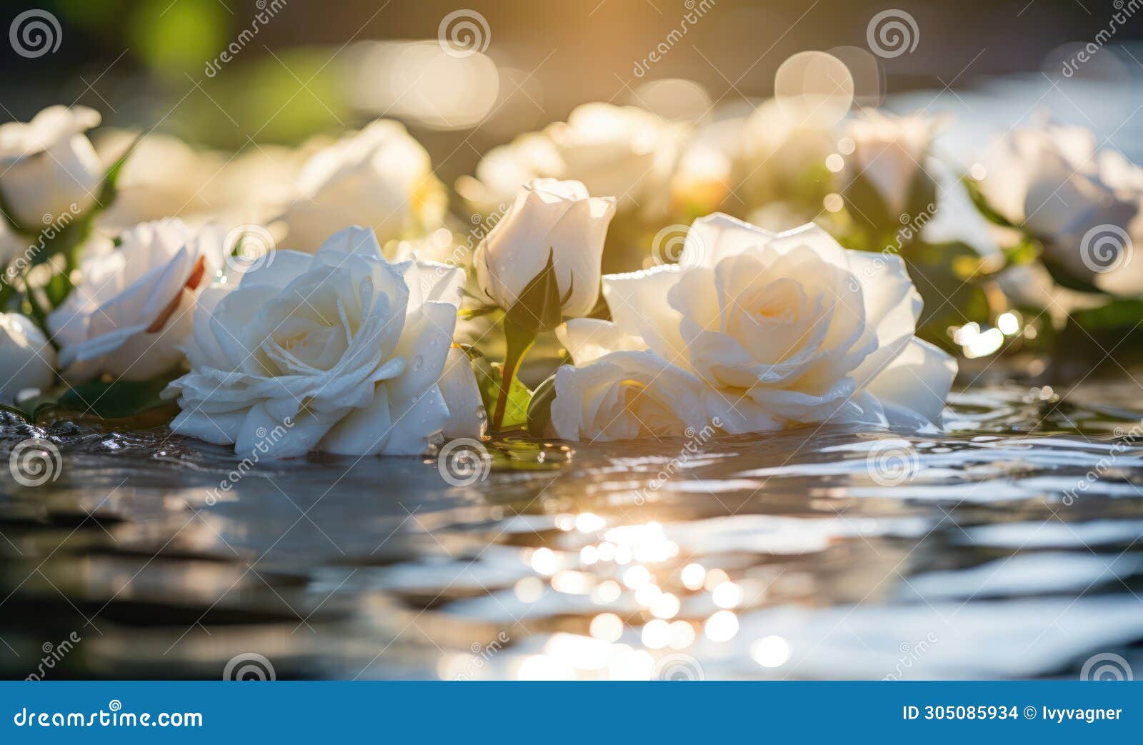 Beautiful White Roses on the Water Surface with Sunlight in the Morning ...