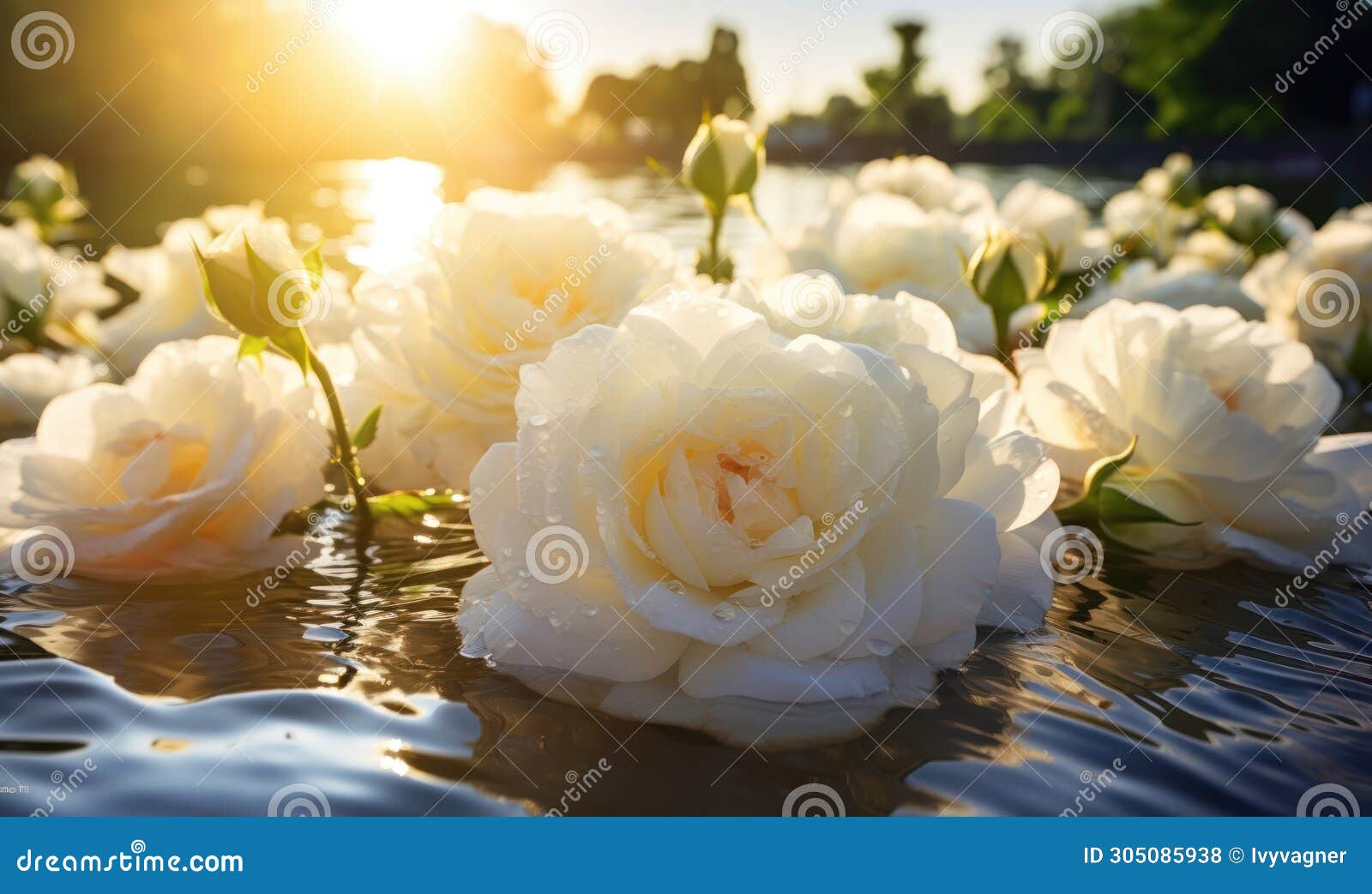 Beautiful White Roses on the Water Surface with Sunlight in the Morning ...