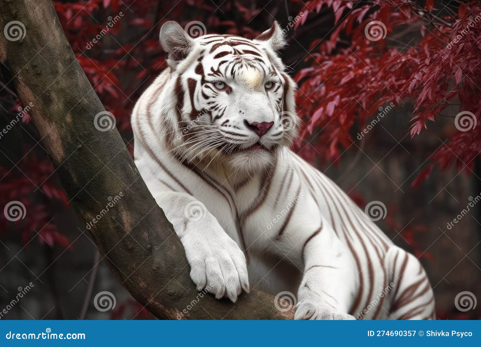 Beautiful White Tiger Sitting on the Red Flowers Tree Generative AI ...